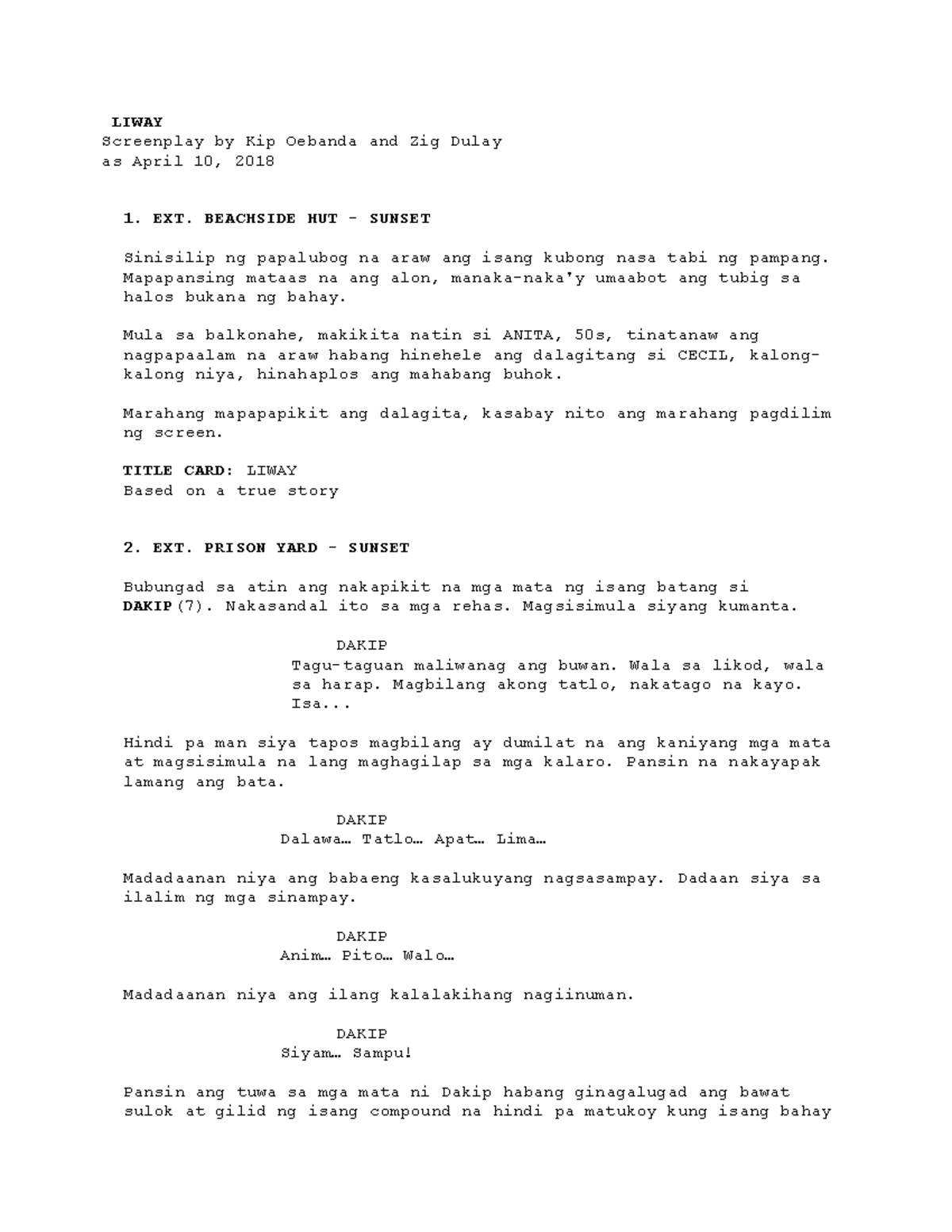 Liway Shoot Script 2 - LIWAY Screenplay by Kip Oebanda and Zig Dulay as ...