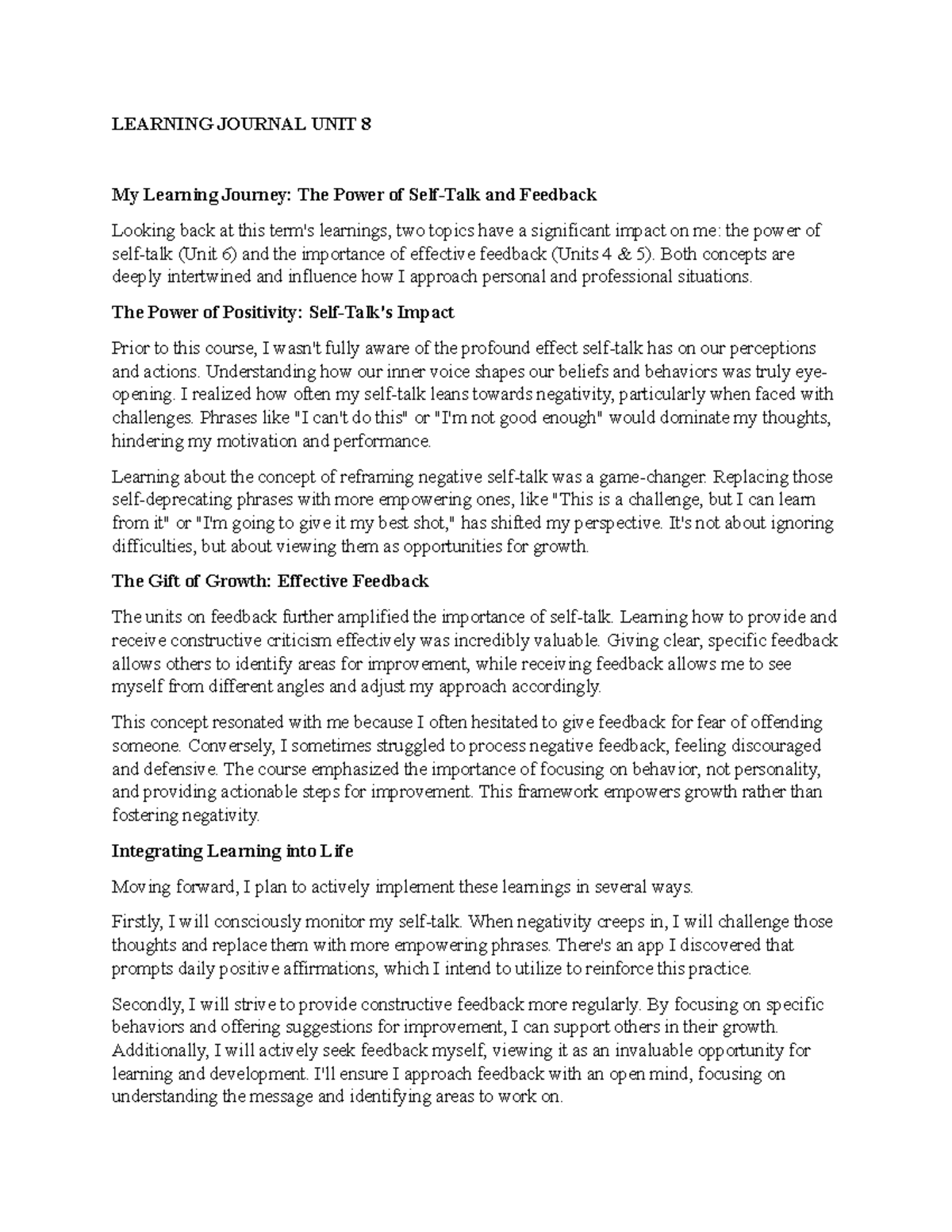 Learning Journal Unit 8 - LEARNING JOURNAL UNIT 8 My Learning Journey: The Power of Self-Talk ...