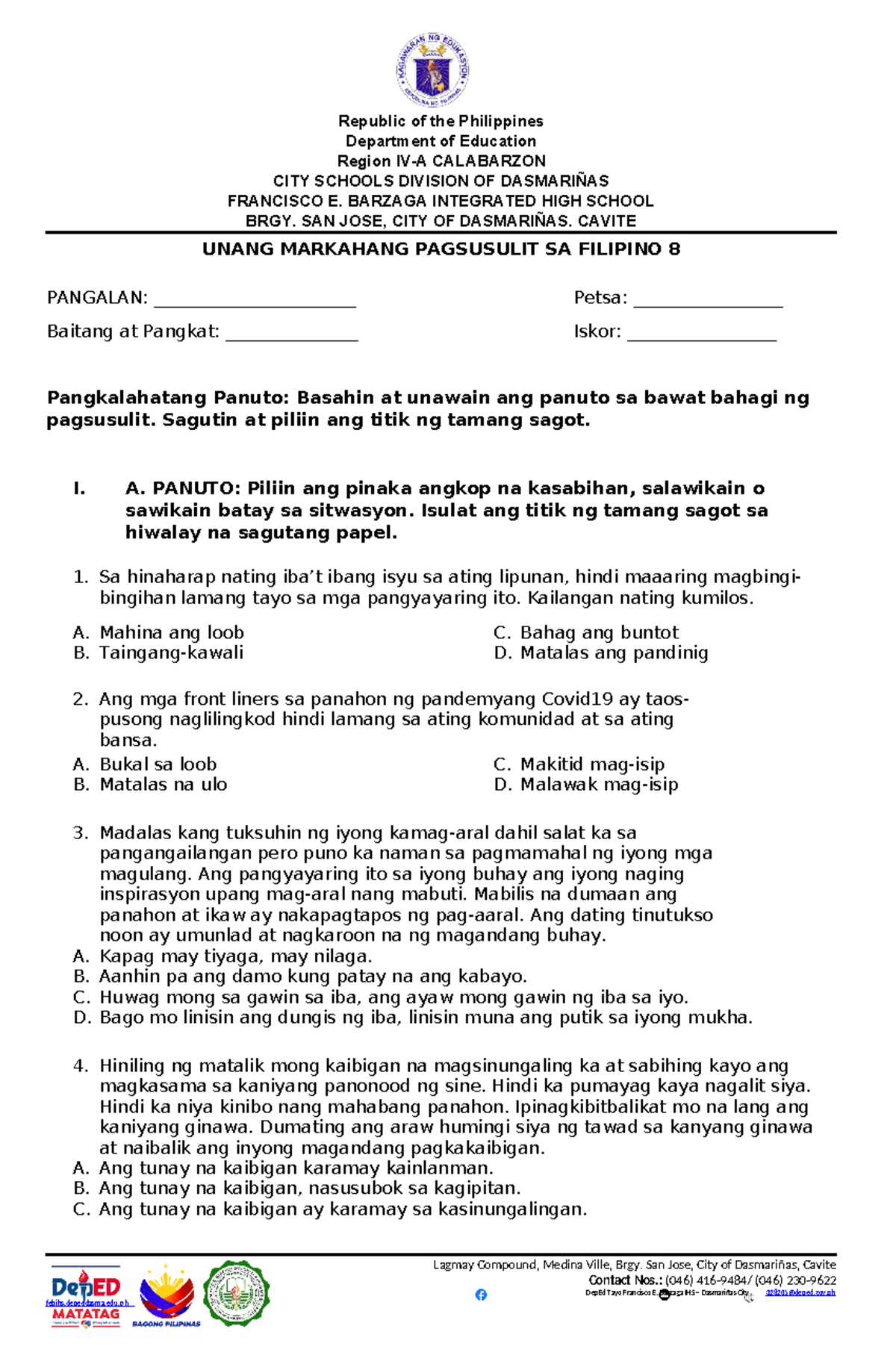 FIL8 1ST Periodical Exam - Department of Education Region IV-A ...