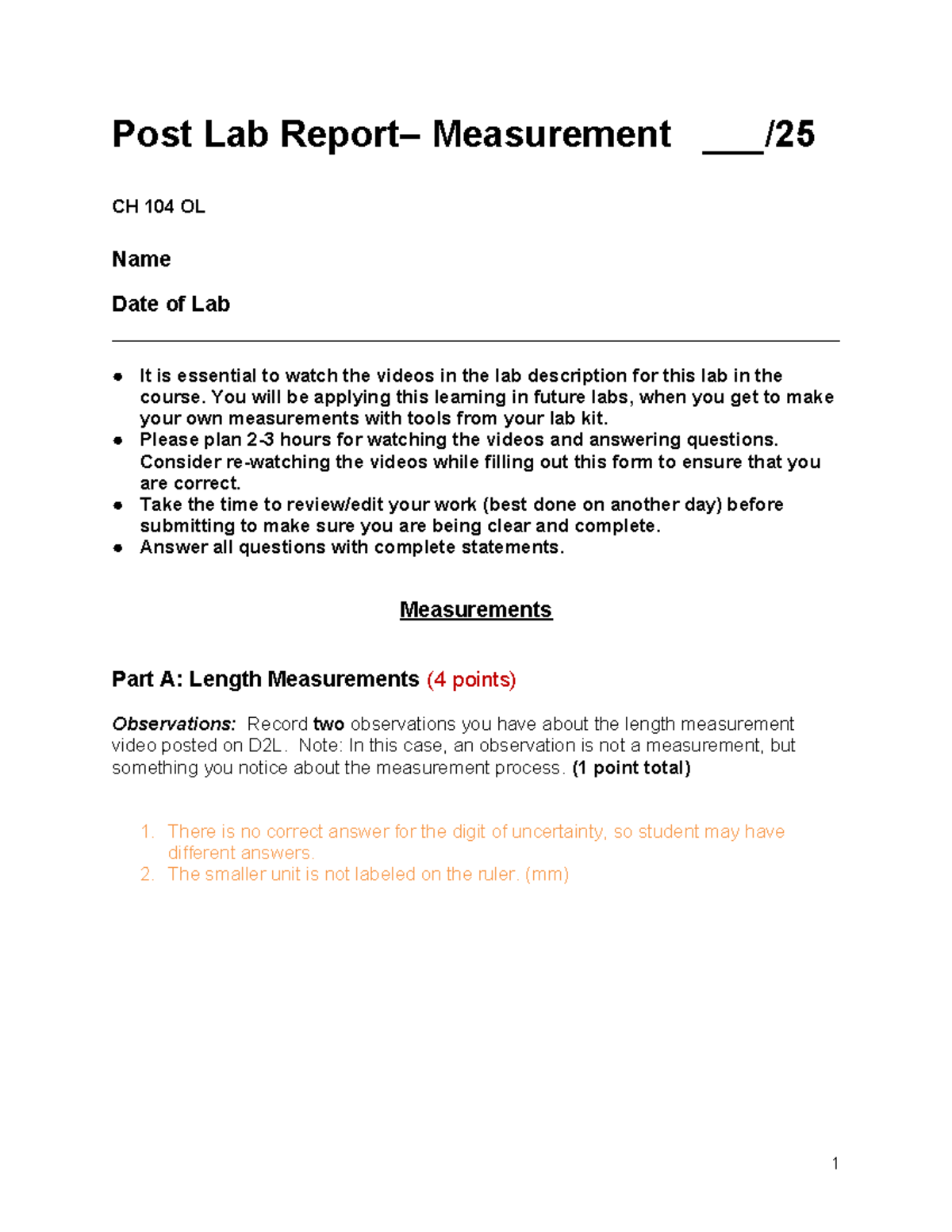 Measurement Post Lab CH 104 - Post Lab Report– Measurement ___/ CH 104 ...