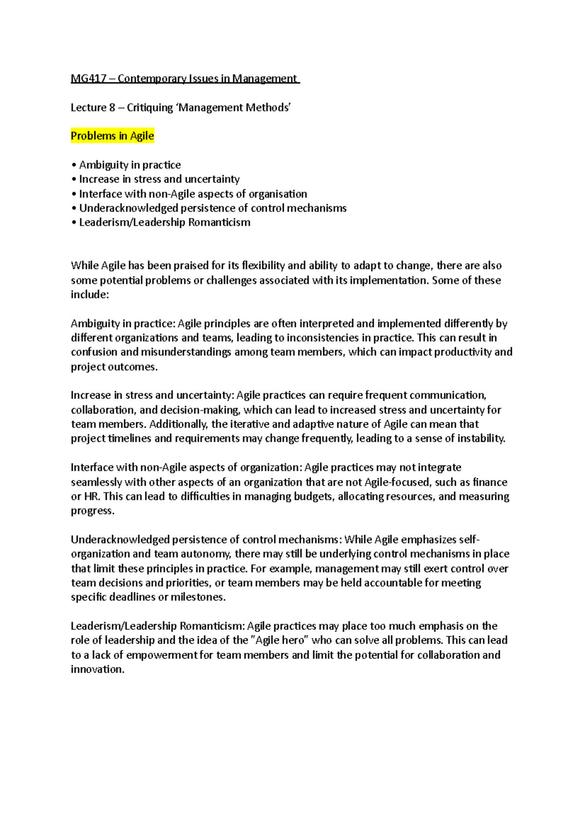 Lecture 8 – Critiquing ‘Management Methods’ - MG417 – Contemporary Issues in Management Lecture ...