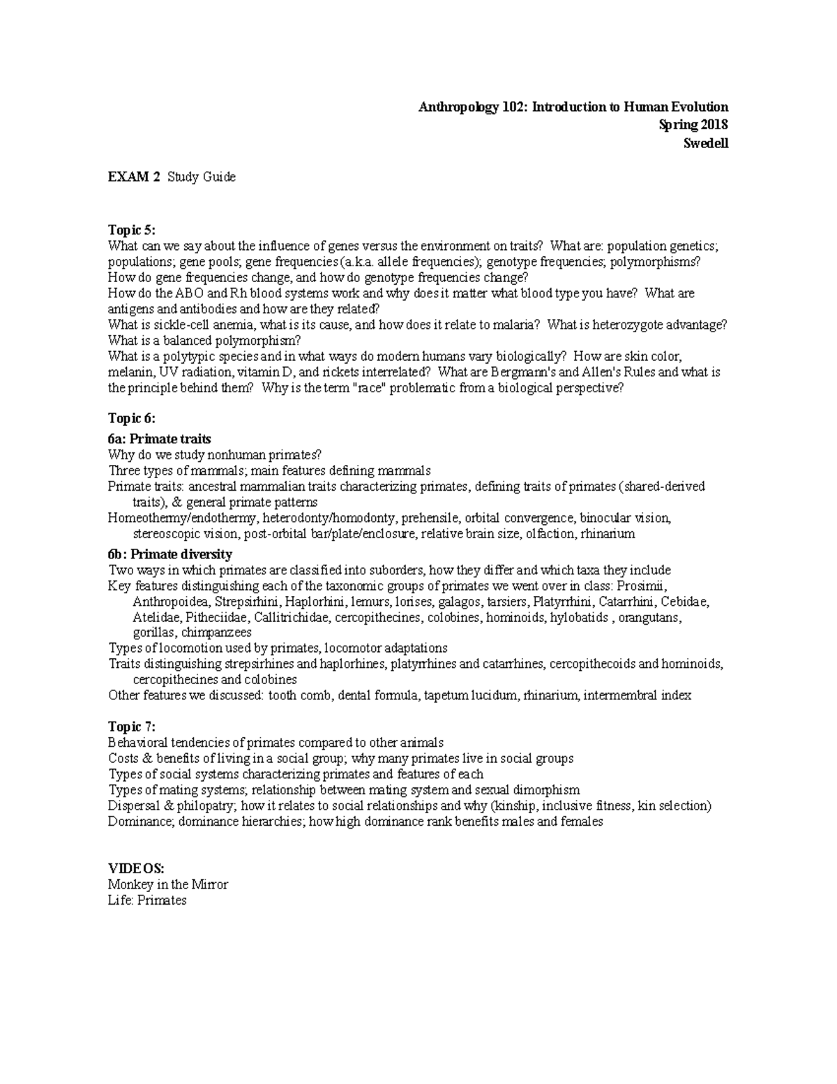 Exam 2 study guide - Anthropology 102: Introduction to Human Evolution ...