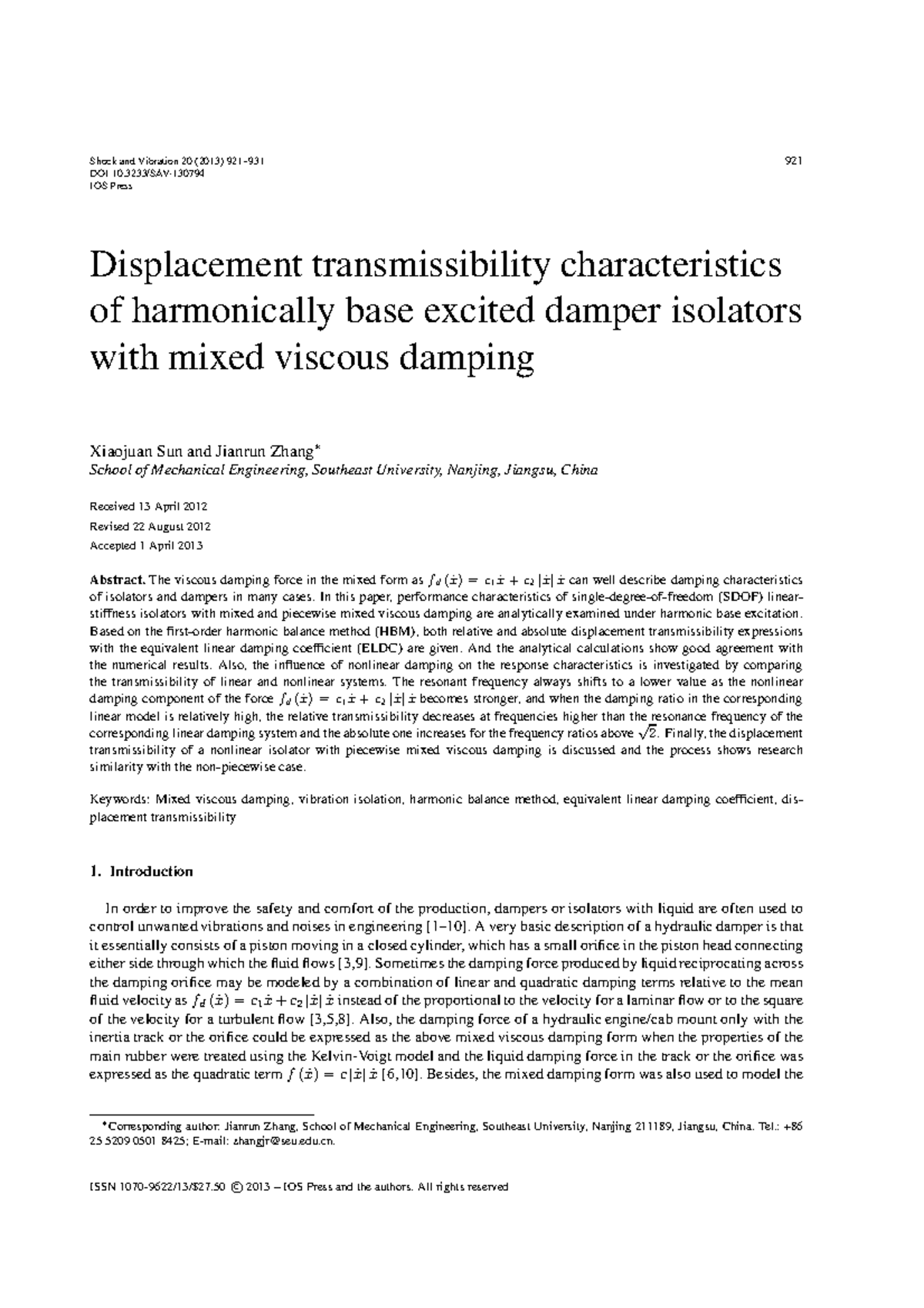 Transmissibility 2 - notes - Shock and Vibration 20 (2013) 921–931 921 ...
