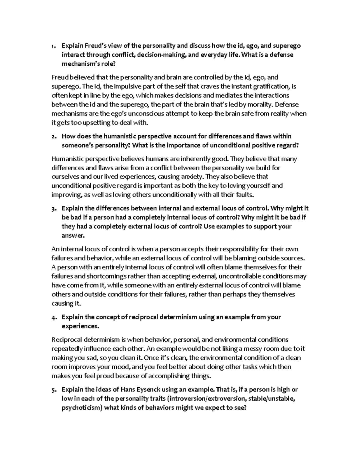 Question Sheet Personality - Explain Freud’s view of the personality ...