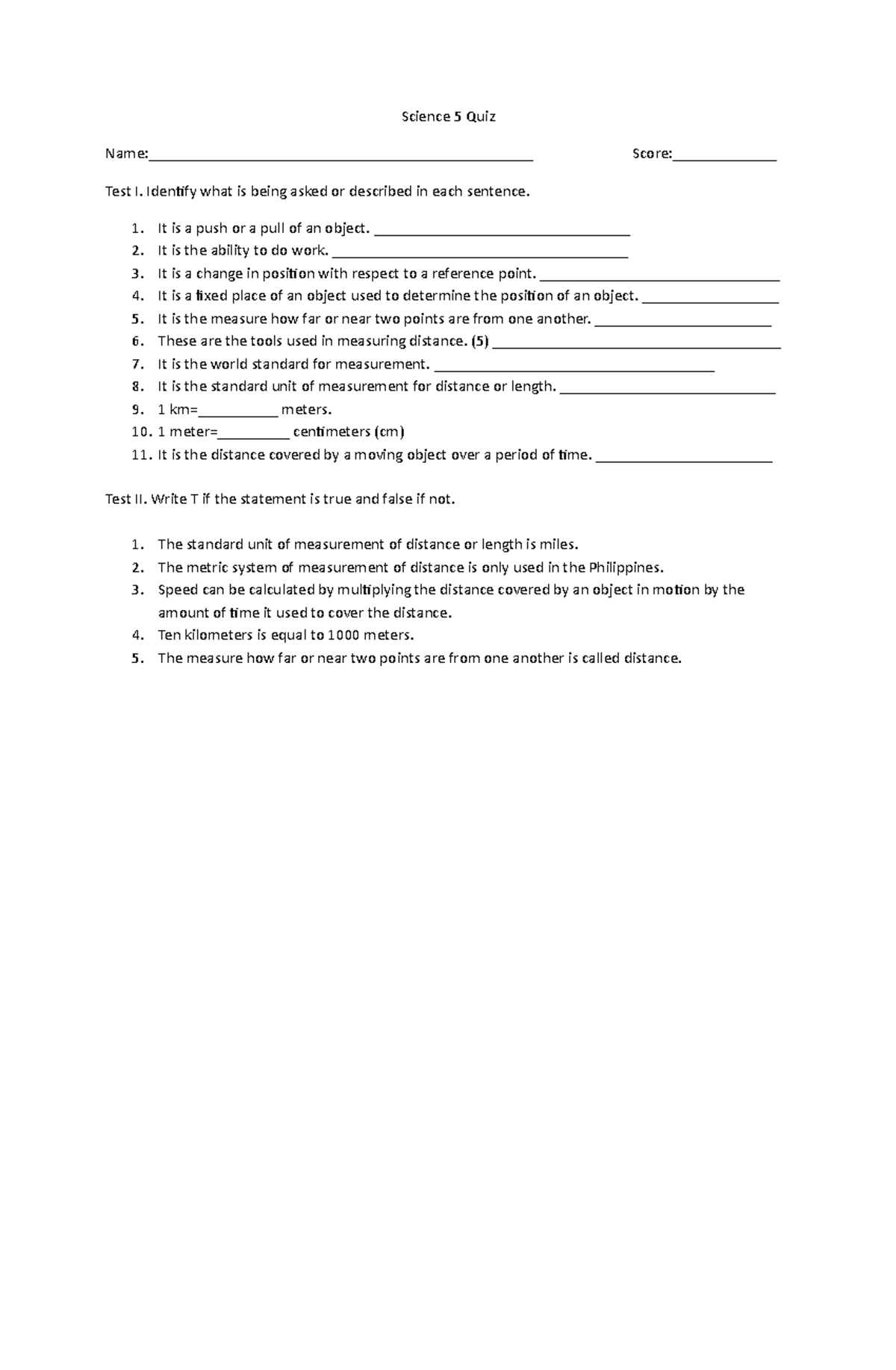 Science Quiz - performance task - Science 5 Quiz - Studocu