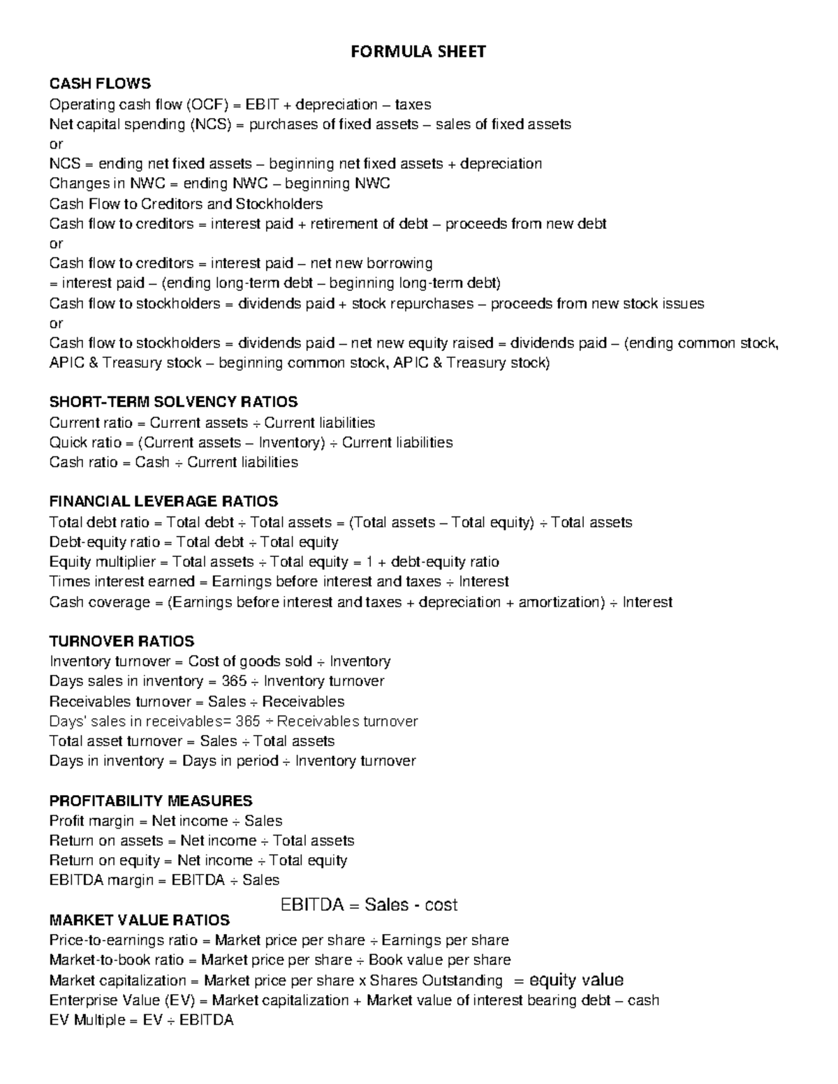 Formula Sheet - FORMULA SHEET CASH FLOWS Operating cash flow (OCF ...