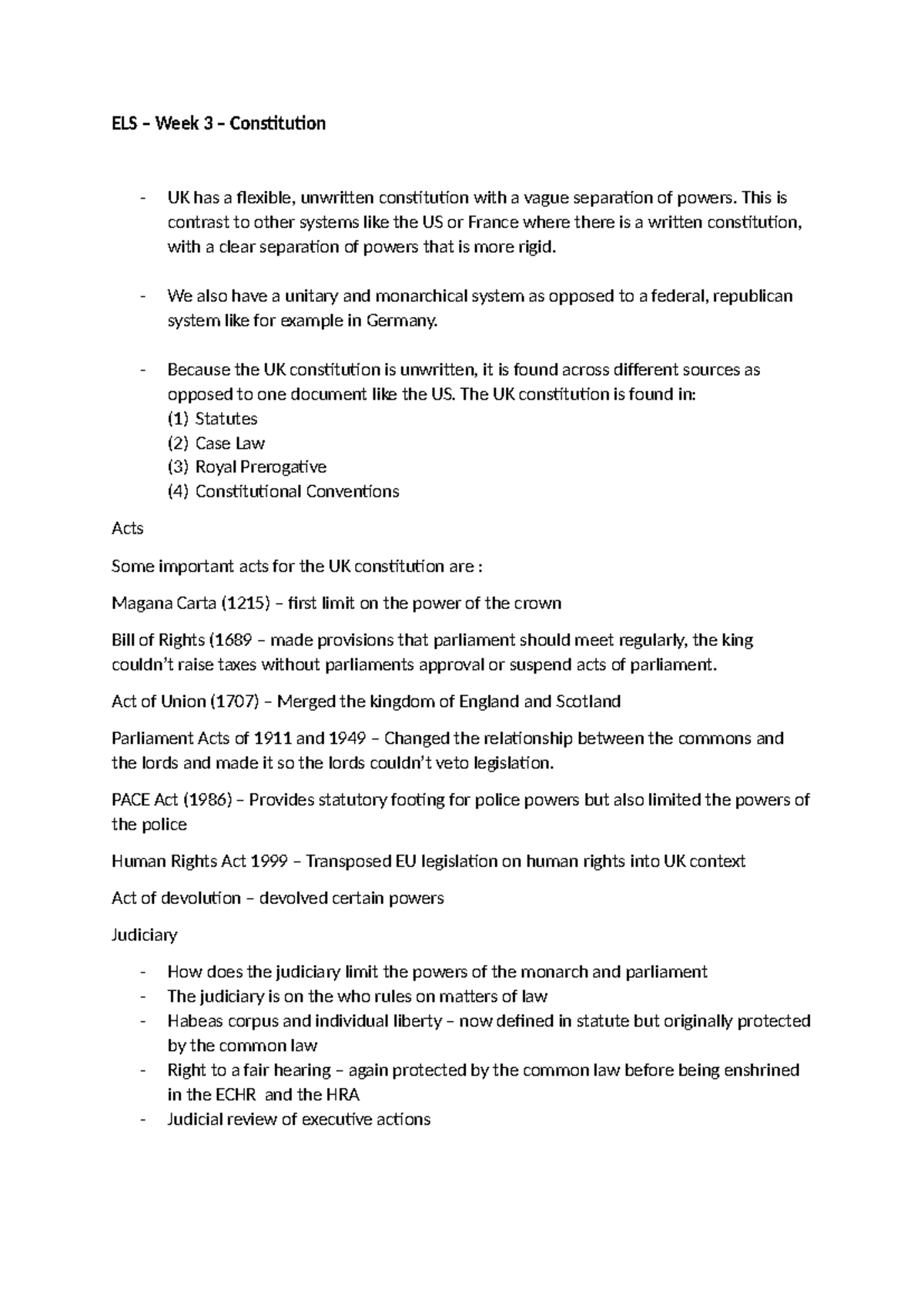 ESL - Semester 1 Notes - ELS – Week 3 – Constitution - UK has a ...