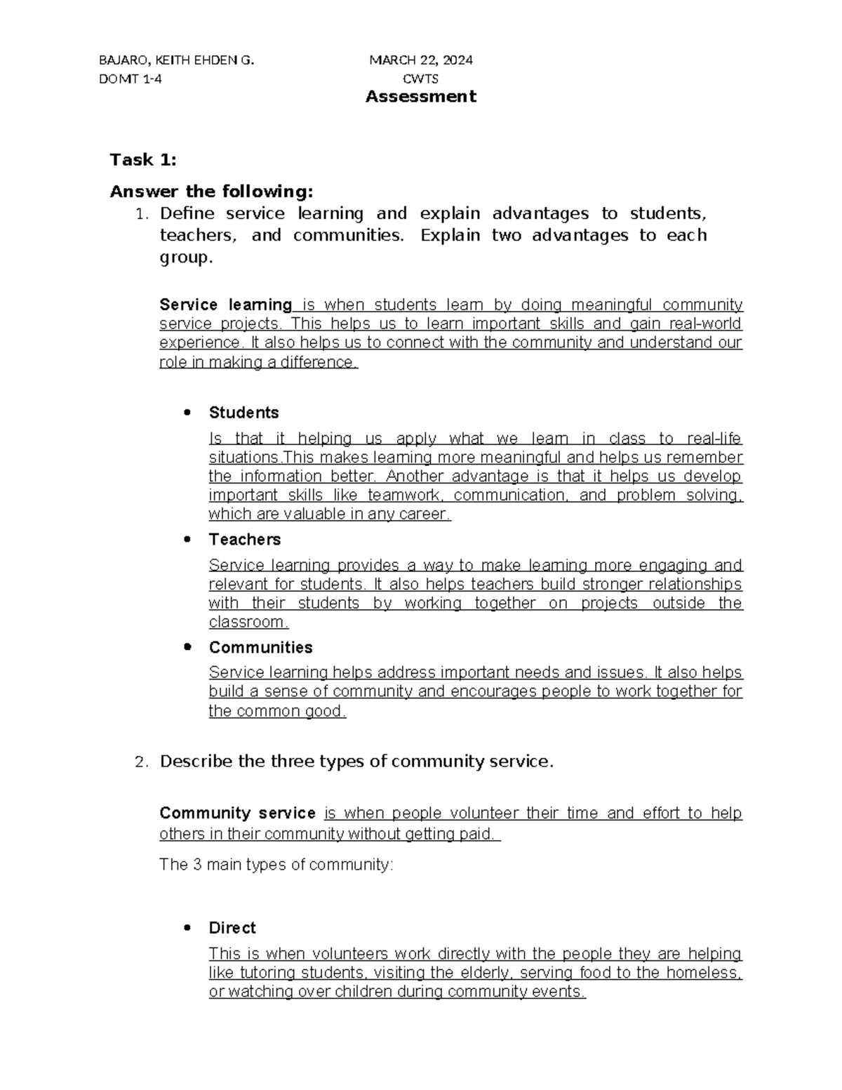 Assignment Module 1 Service Learning and Community Service - BAJARO ...