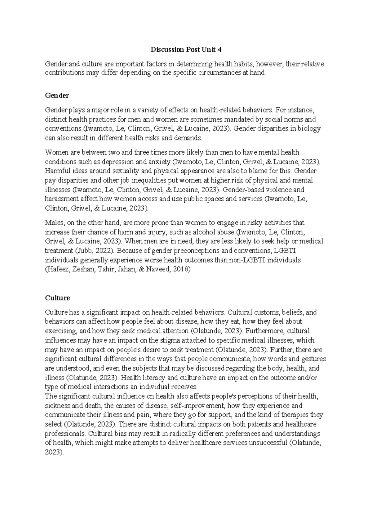 HS 3610 Discussion Post Unit 4 - Discussion Post Unit 4 Gender and ...