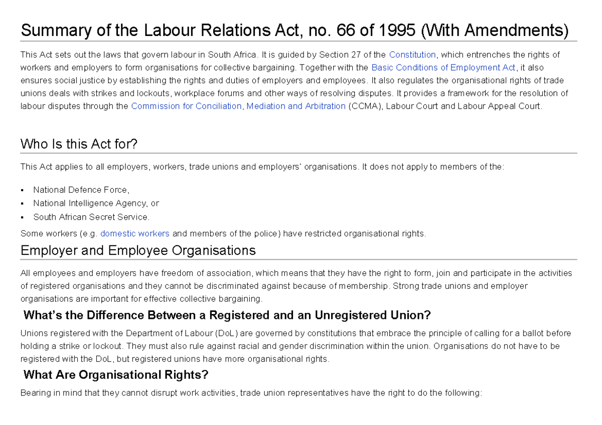 Labour relations act - It entails information on dismissal - Summary of ...