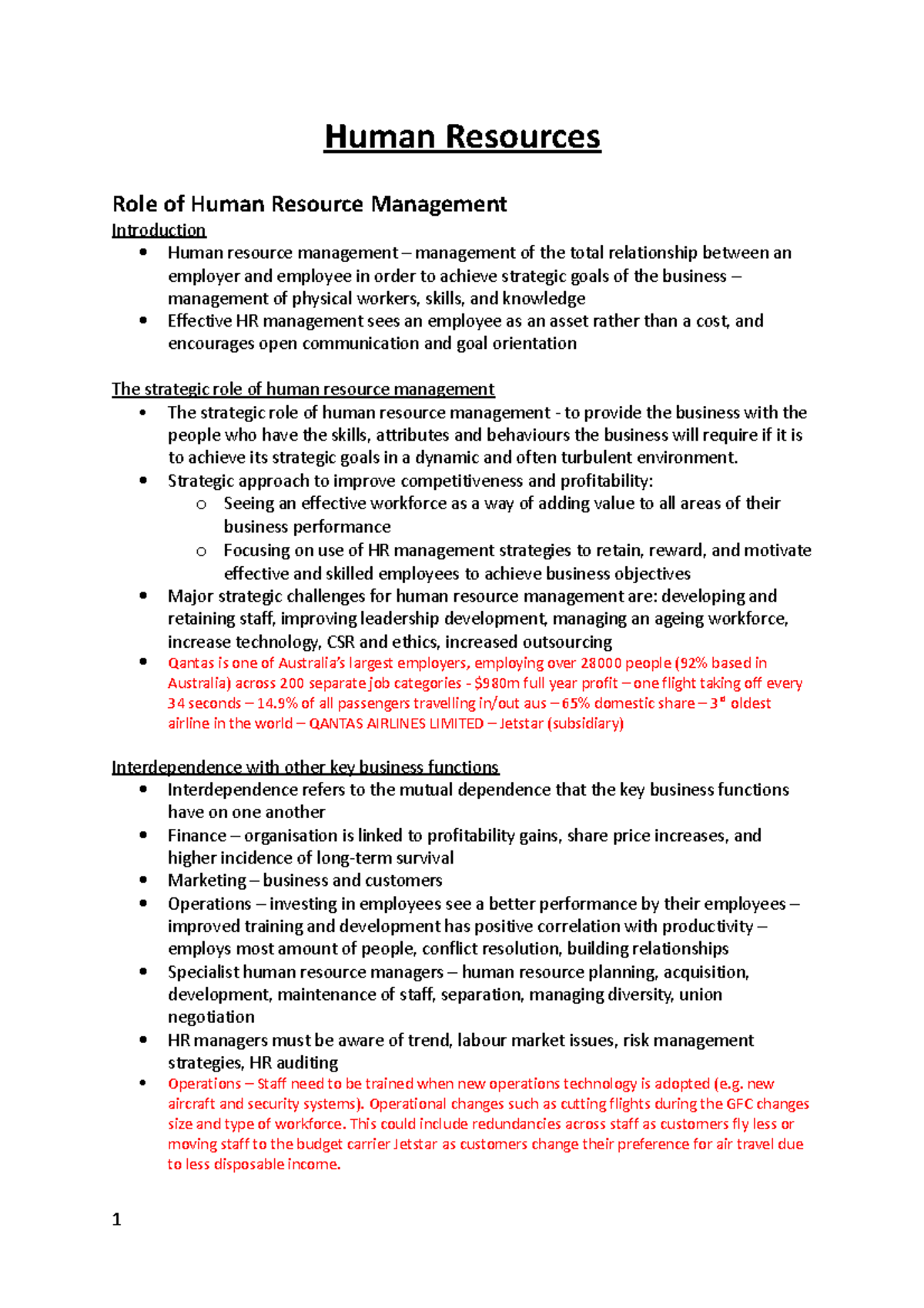 Human-resources SN - HR study notes for year 12 - Human Resources Role ...