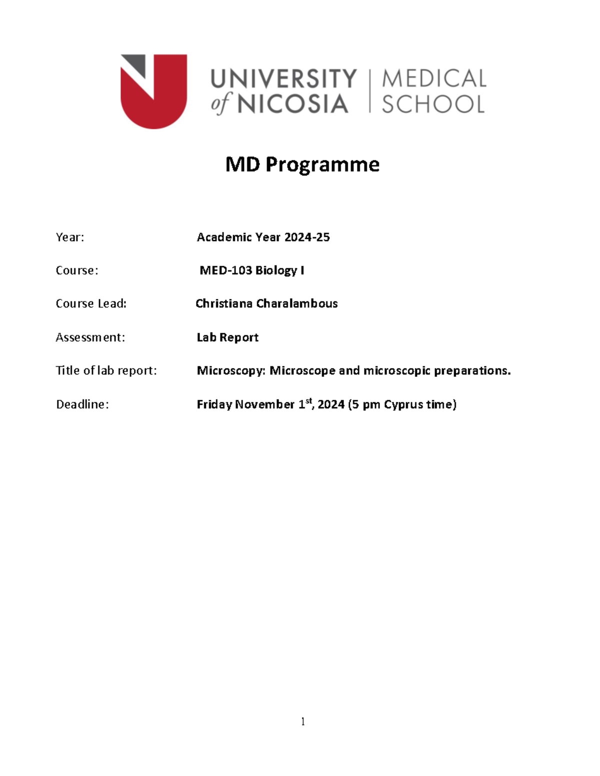 MED103 Microscopy lab report guidelines document Fall2024 - Medicine - 1 MD Programme Year ...