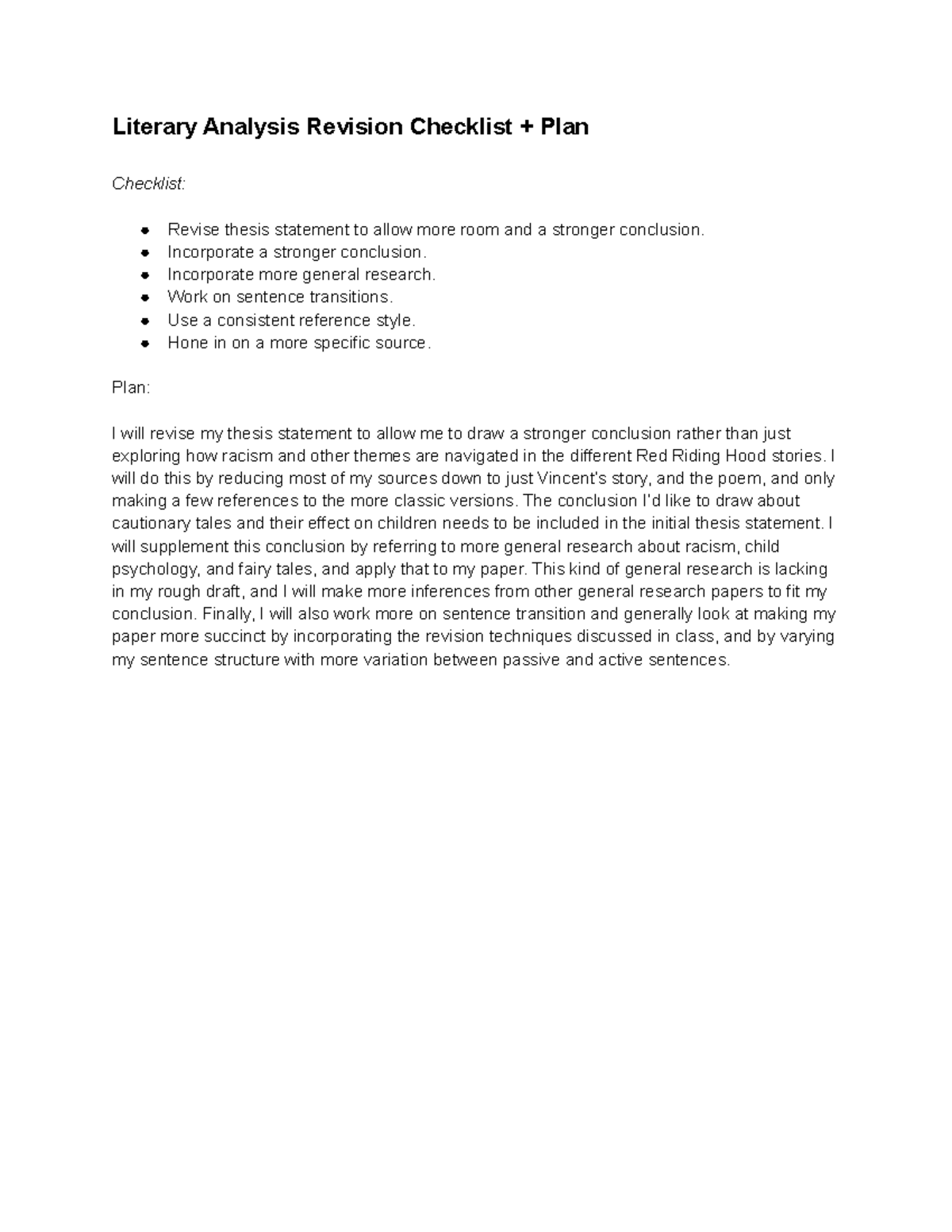 LIT2000 Revision Checlist + Plan - Literary Analysis Revision Checklist ...