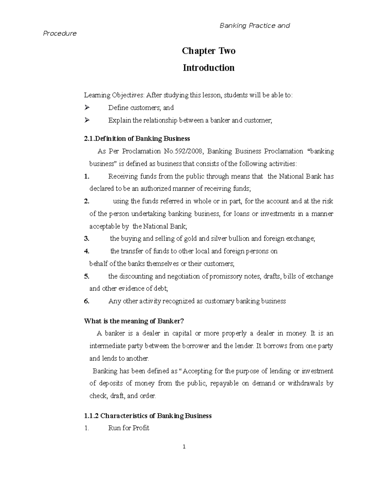 Banking Unit 2 - Procedure Chapter Two Introduction Learning Objectives ...