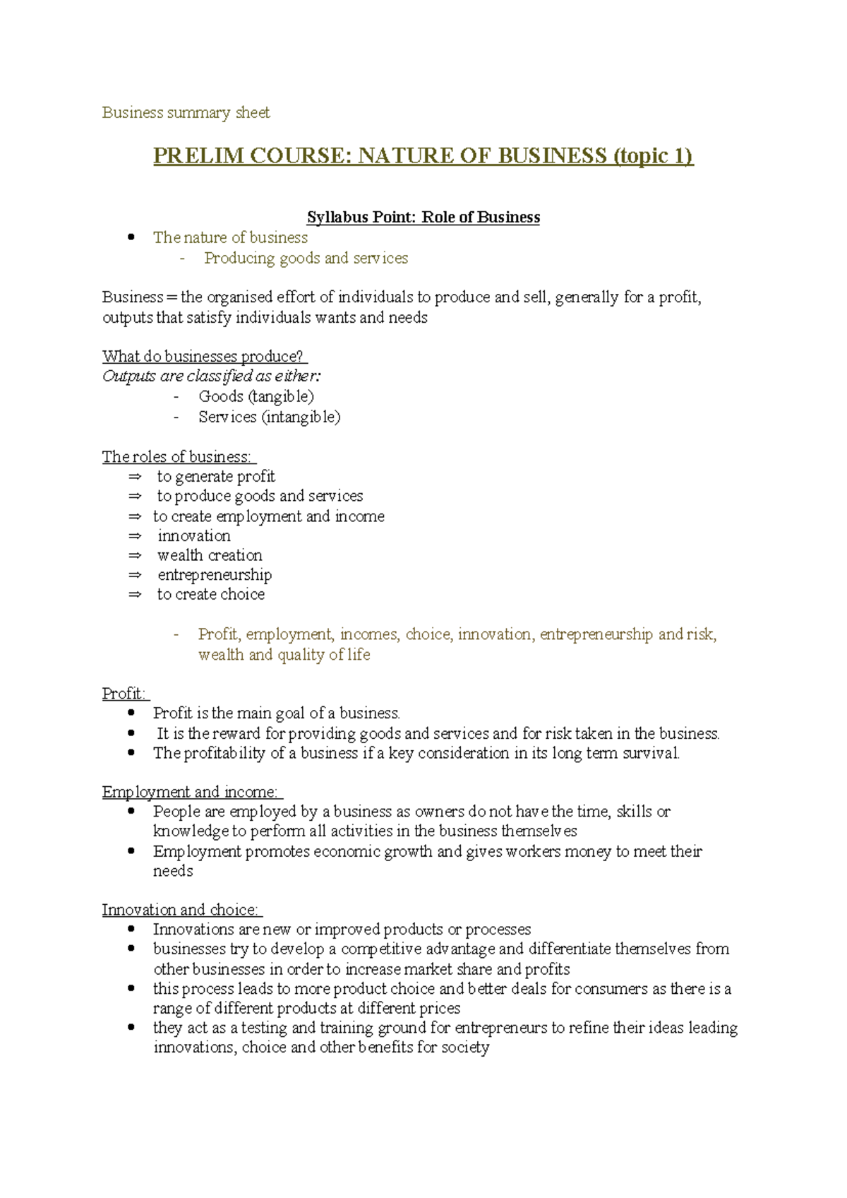 Syllabus in depth explained - Business summary sheet PRELIM COURSE ...