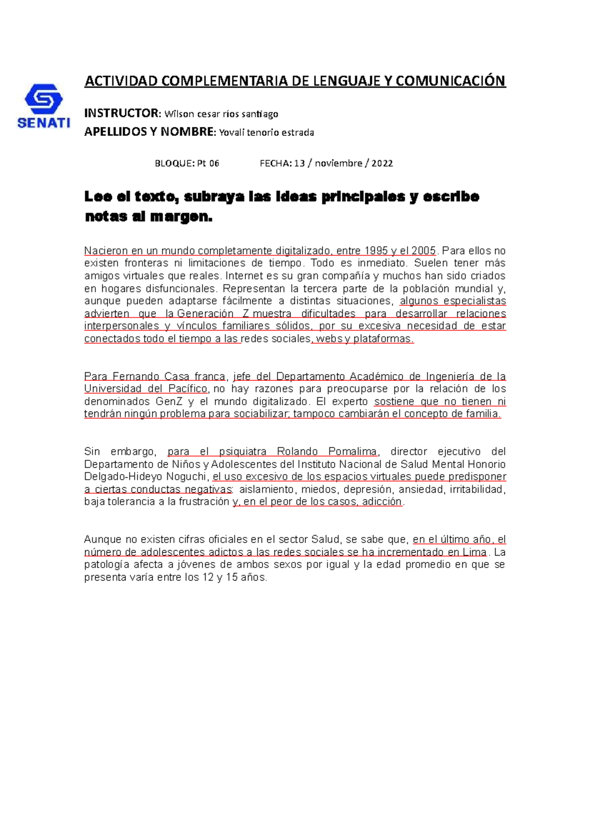 Tarea - ACTIVIDAD COMPLEMENTARIA DE LENGUAJE Y COMUNICACIÓN INSTRUCTOR: Wilson cesar ríos ...
