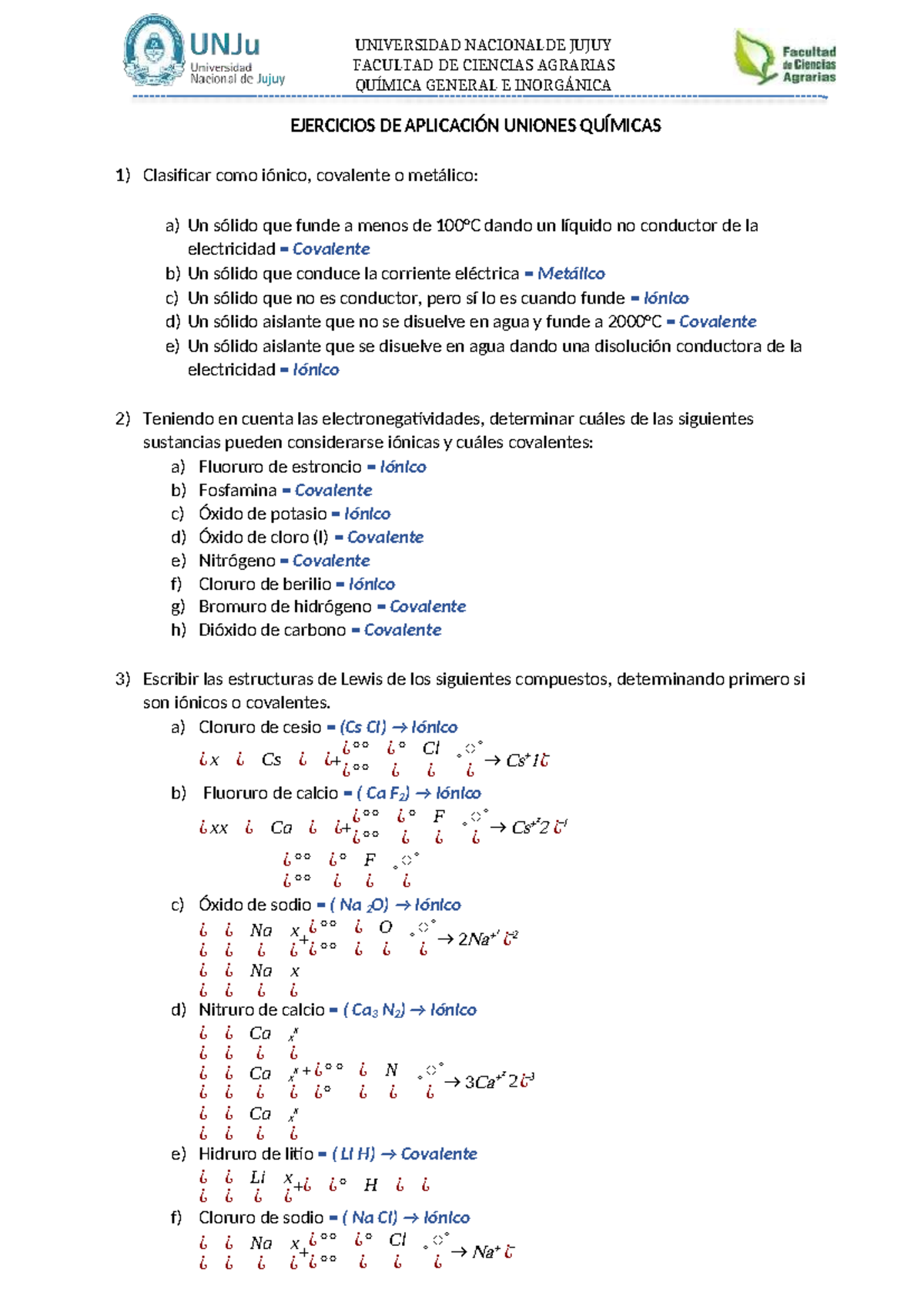 Uniones Quimicas - EJERCICIOS DE APLICACIÓN UNIONES QUÍMICAS Clasificar ...