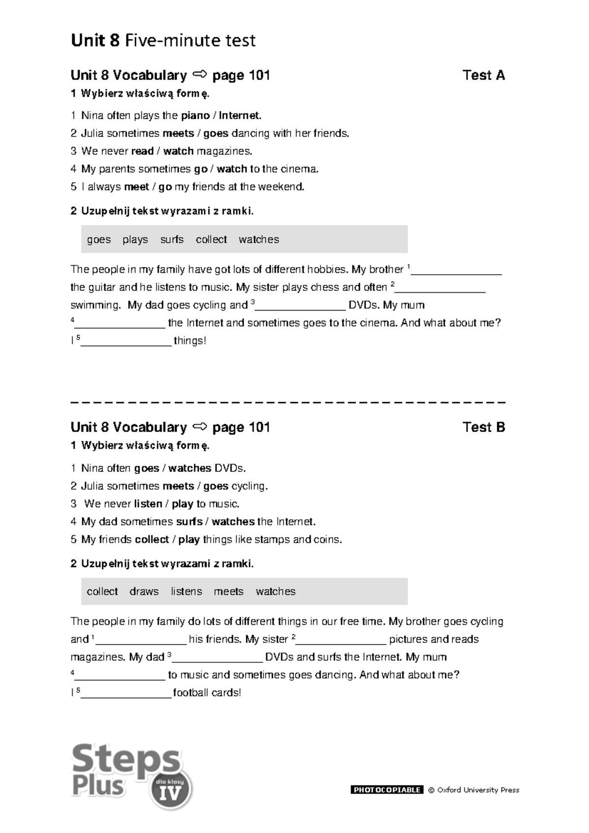 Steps Plus4 Five Minute Test Unit 8 - Unit 8 Five-minute test ...