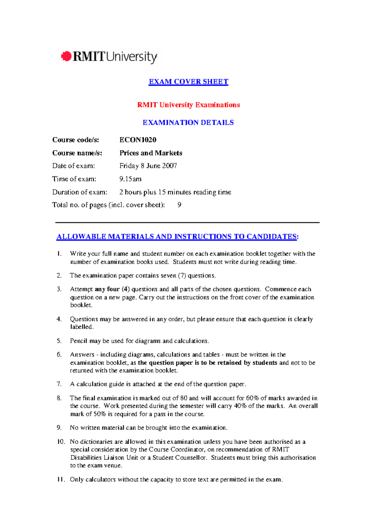 Exam 8 June 2007, Questions and Answers - EXAM COVER SHEET RMIT ...