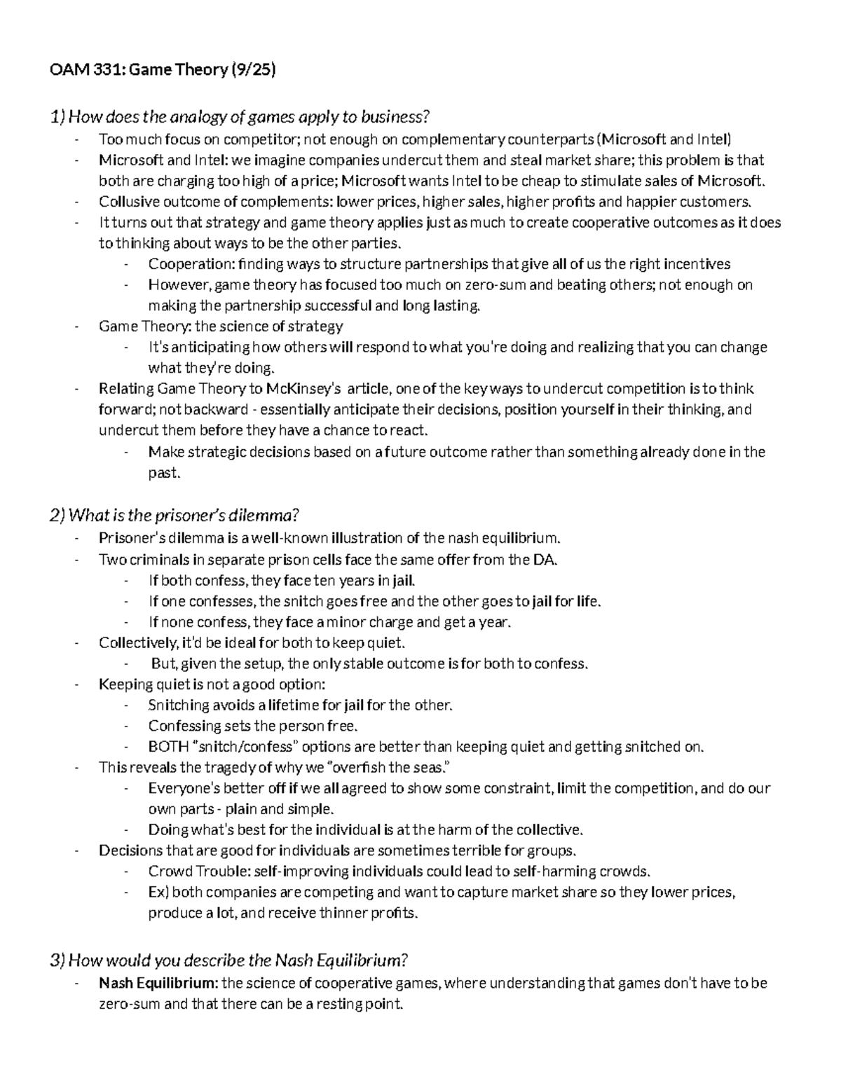 OAM 331 Game Theory (9 25) - OAM 331: Game Theory (9/25) 1) How does ...