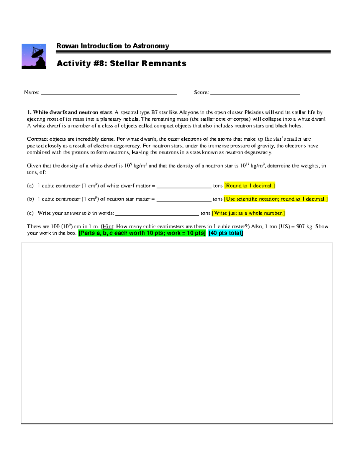 Assignment 8 - Homework - Rowan Introduction to Astronomy Activity #8 ...