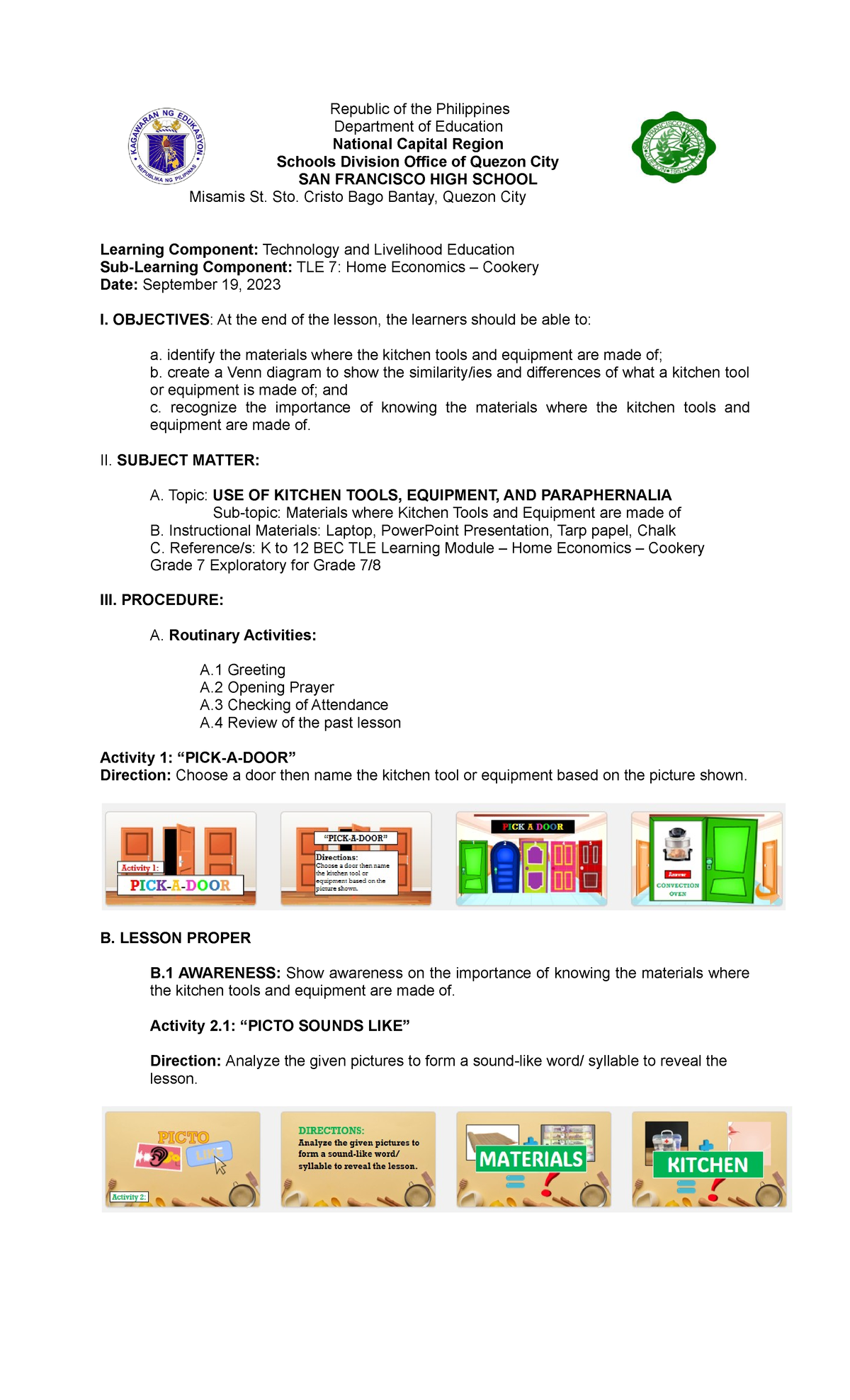 LP Week 2 TLE Cookery Lesson 3-Materials Used for Kitchen Tools and ...
