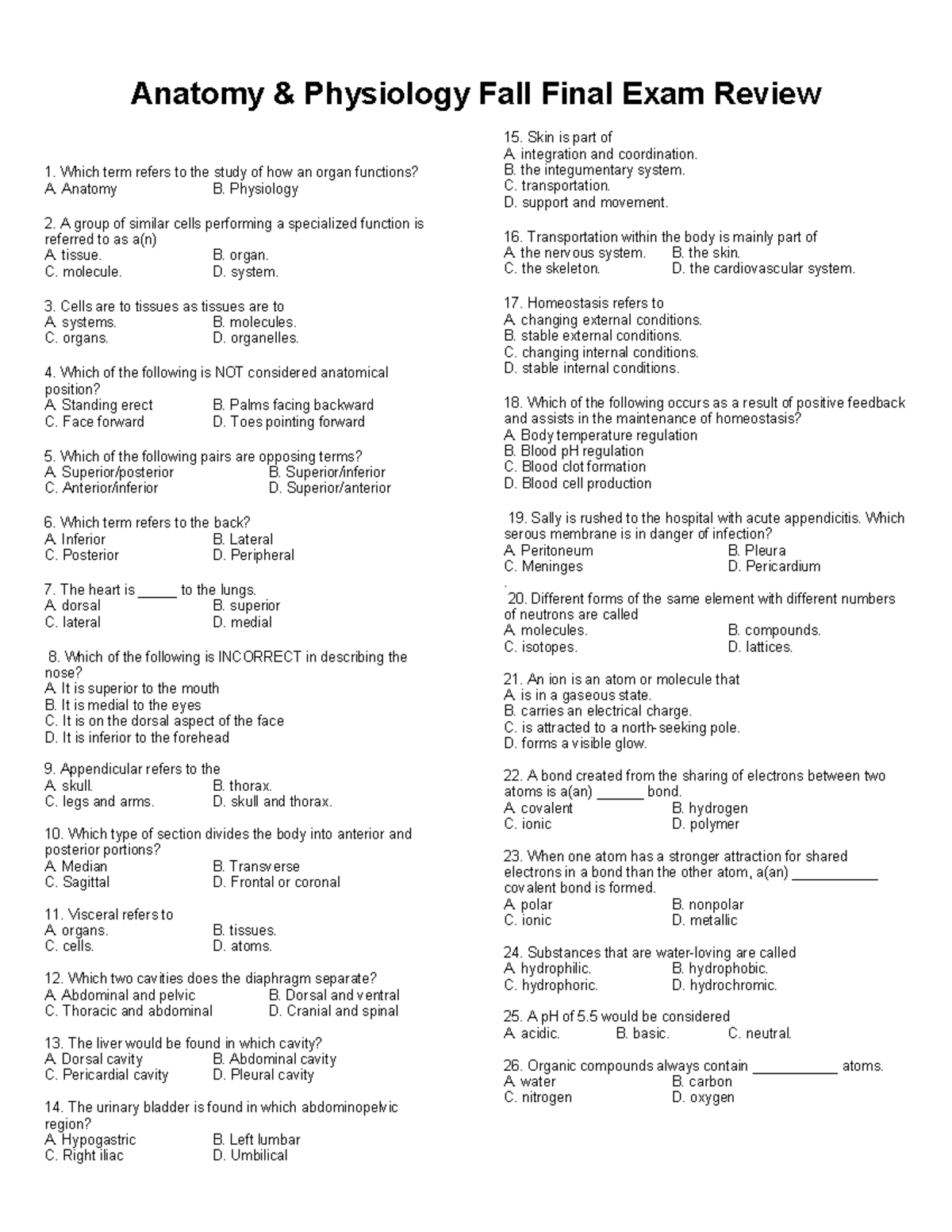 Practice questions bio 160 practice questions - Anatomy & Physiology ...