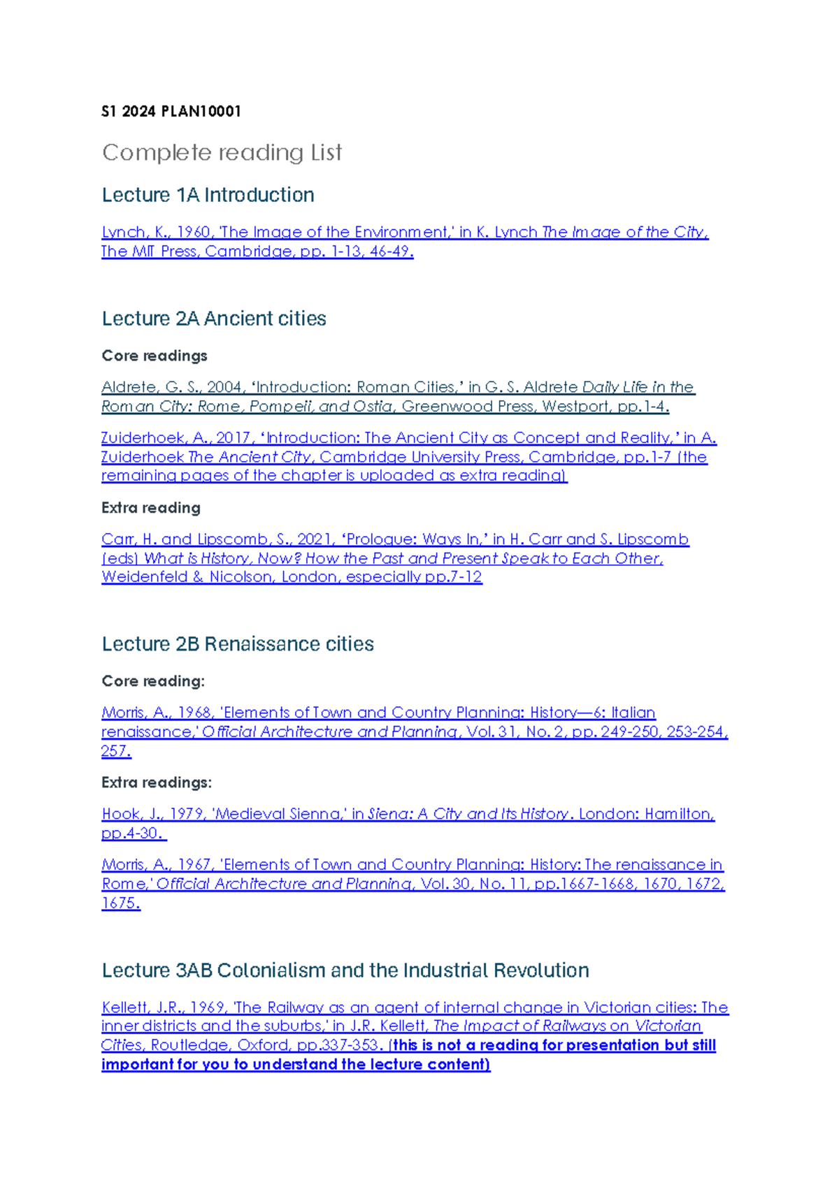 S1 2024 PLAN10001 complete lecture reading list - S1 2024 PLAN Complete ...