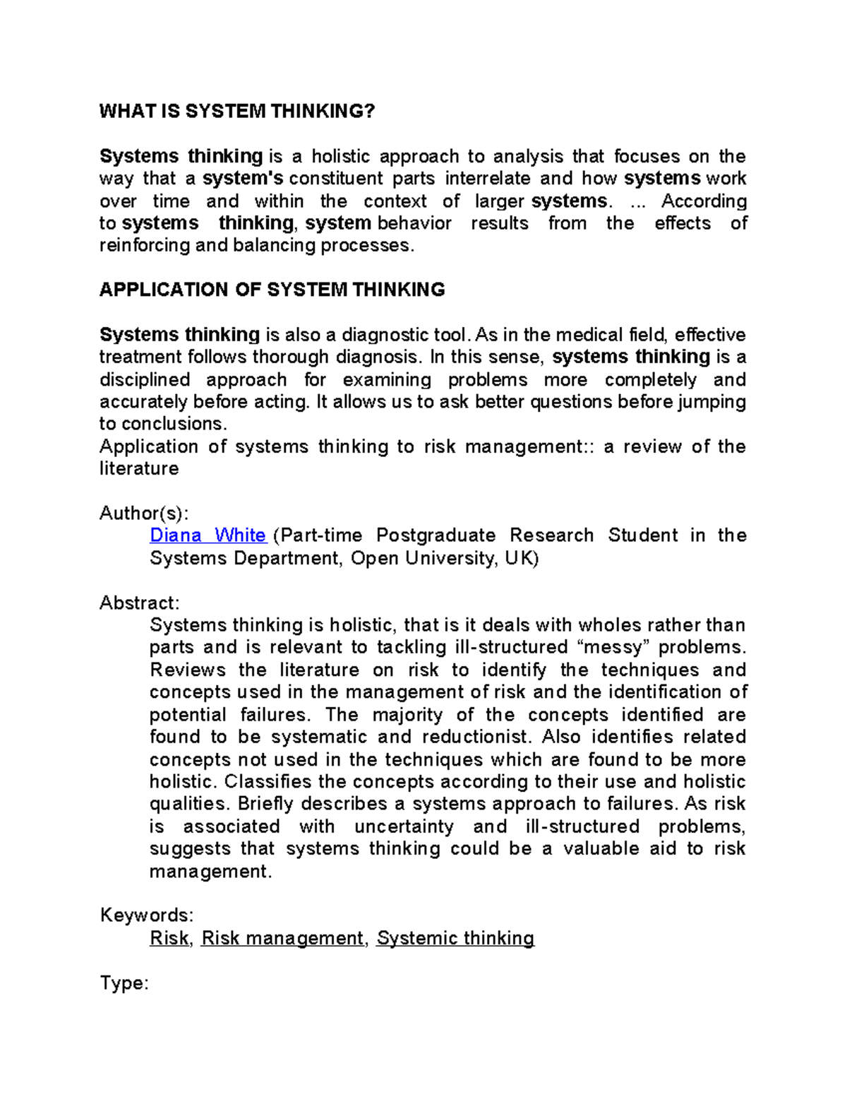 Systems thinking - Lecture notes 1 - WHAT IS SYSTEM THINKING? Systems ...