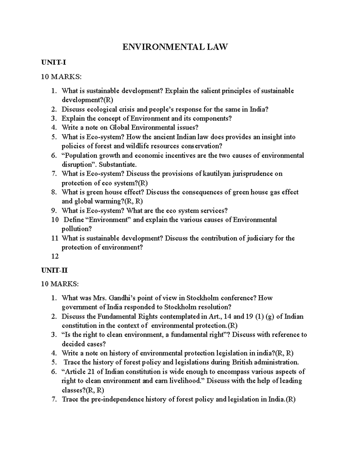 Environmental LAW - notes - ENVIRONMENTAL LAW UNIT-I 10 MARKS: What is ...