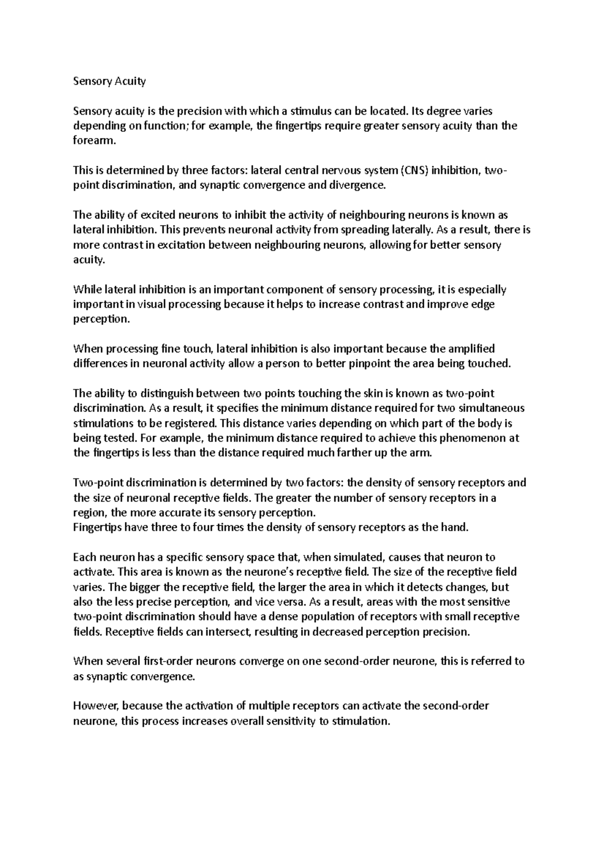 Sensory Acuity - Physiology notes from biomedical science - Sensory ...