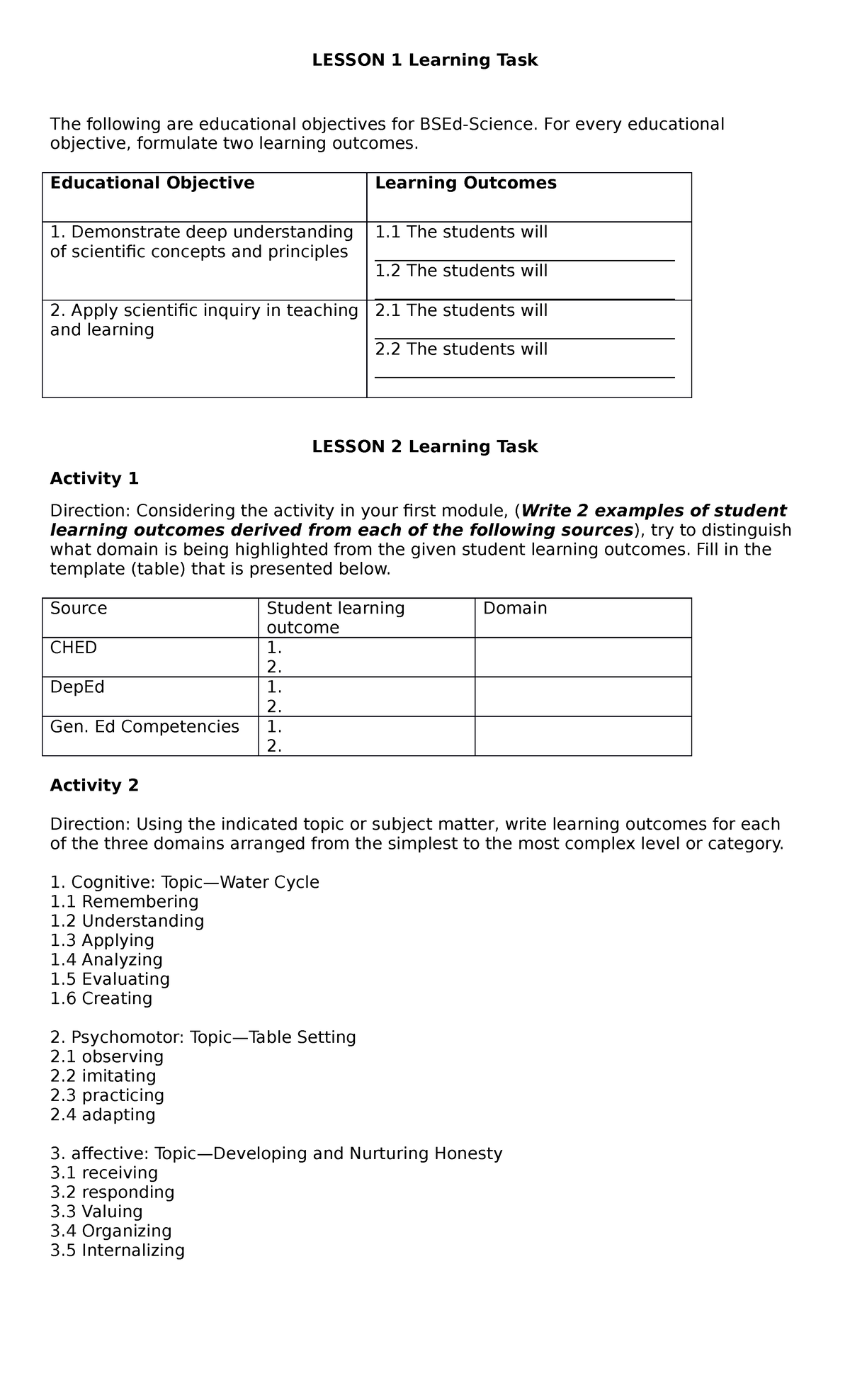 Learning Tasks Lesson 1 and 2 - LESSON 1 Learning Task The following ...