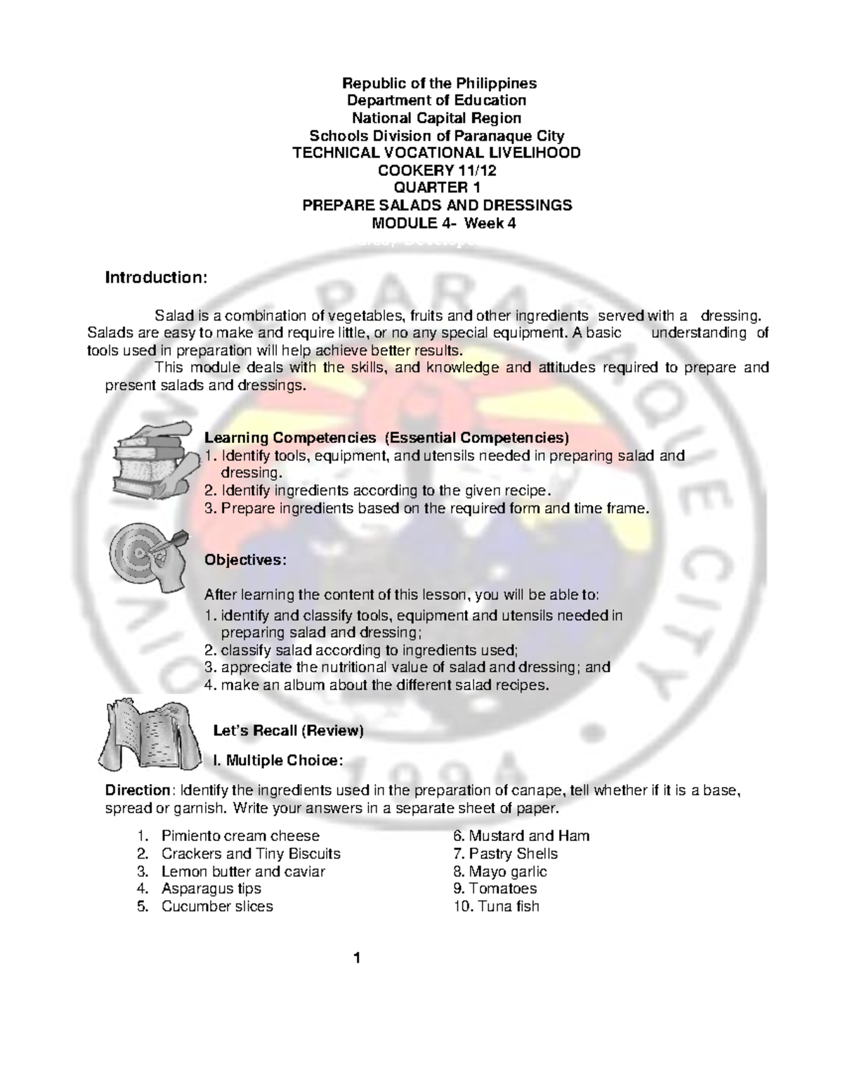 Revised Q1-TVL-4-6-wks- Cookery-G 11-12- Salad - Republic of the ...