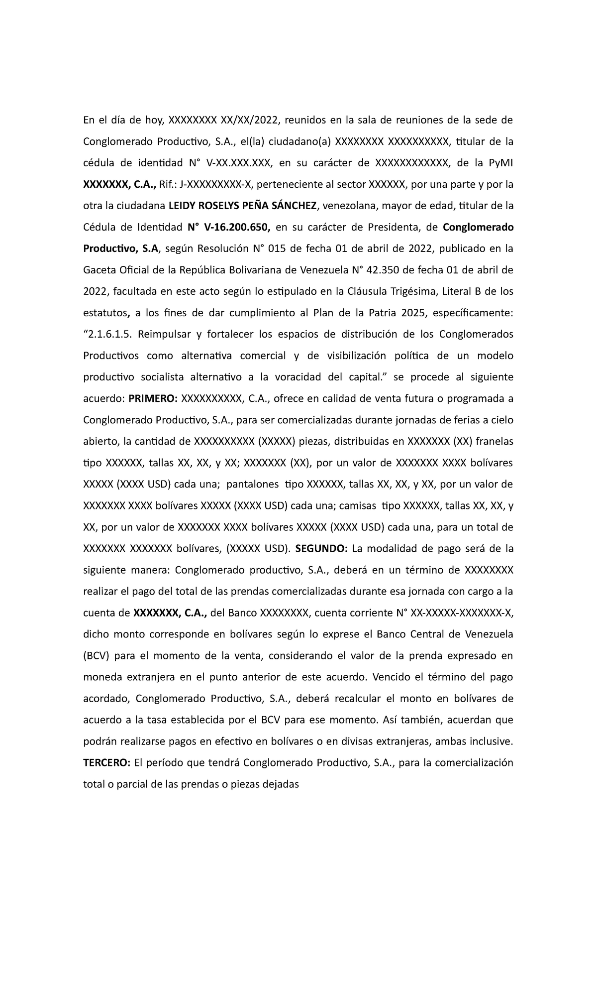 Acta Venta comercilaizacion - En el día de hoy, XXXXXXXX XX/XX/2022 ...