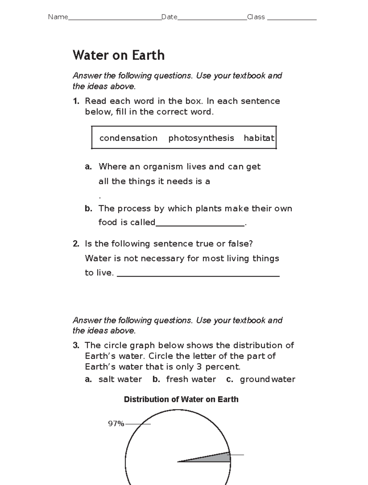 Water on earth worksheet - condensation photosynthesis habitat Water on ...