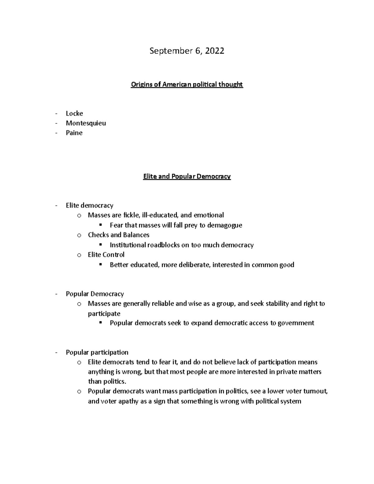 September 6 - Class notes - September 6, 2022 Origins of American ...