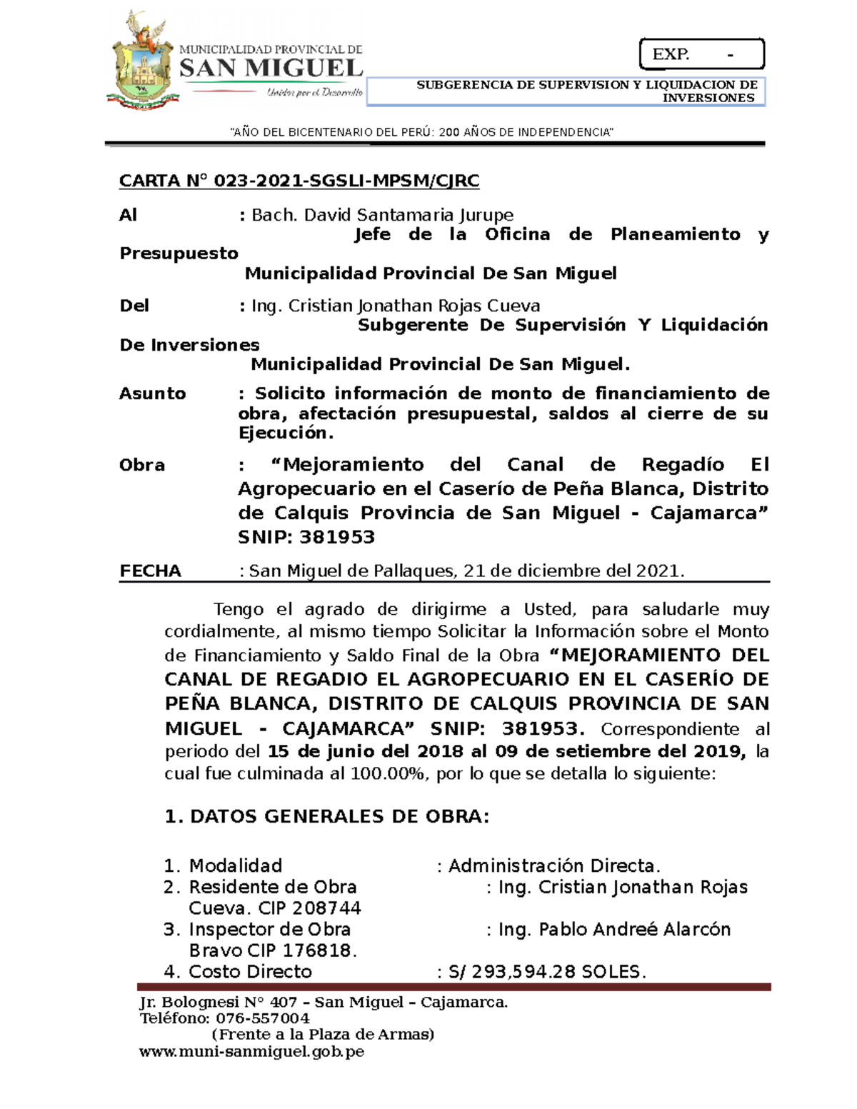 Carta N.°023 21-12-2021- Sgsli-MPSM-CJRC Solicito Informacion PEÑA ...