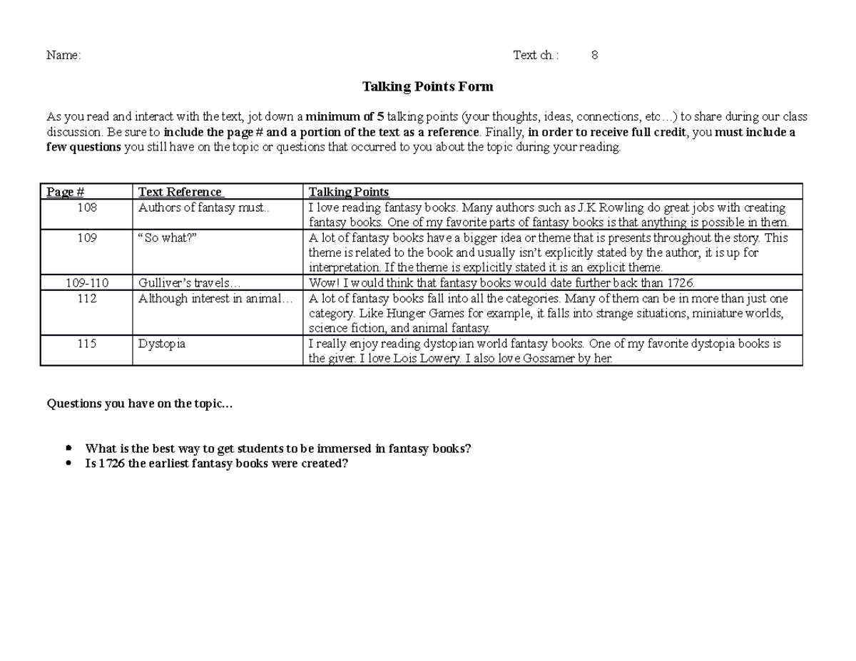 Talking Points 8 - Name: Text ch.: 8 Talking Points Form As you read ...