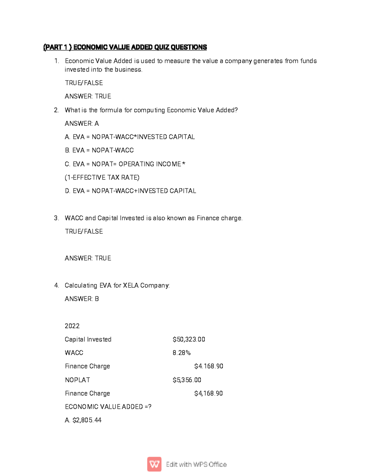 EVA- Questions - Practice materials - (PART 1 ) ECONOMIC VALUE ADDED ...