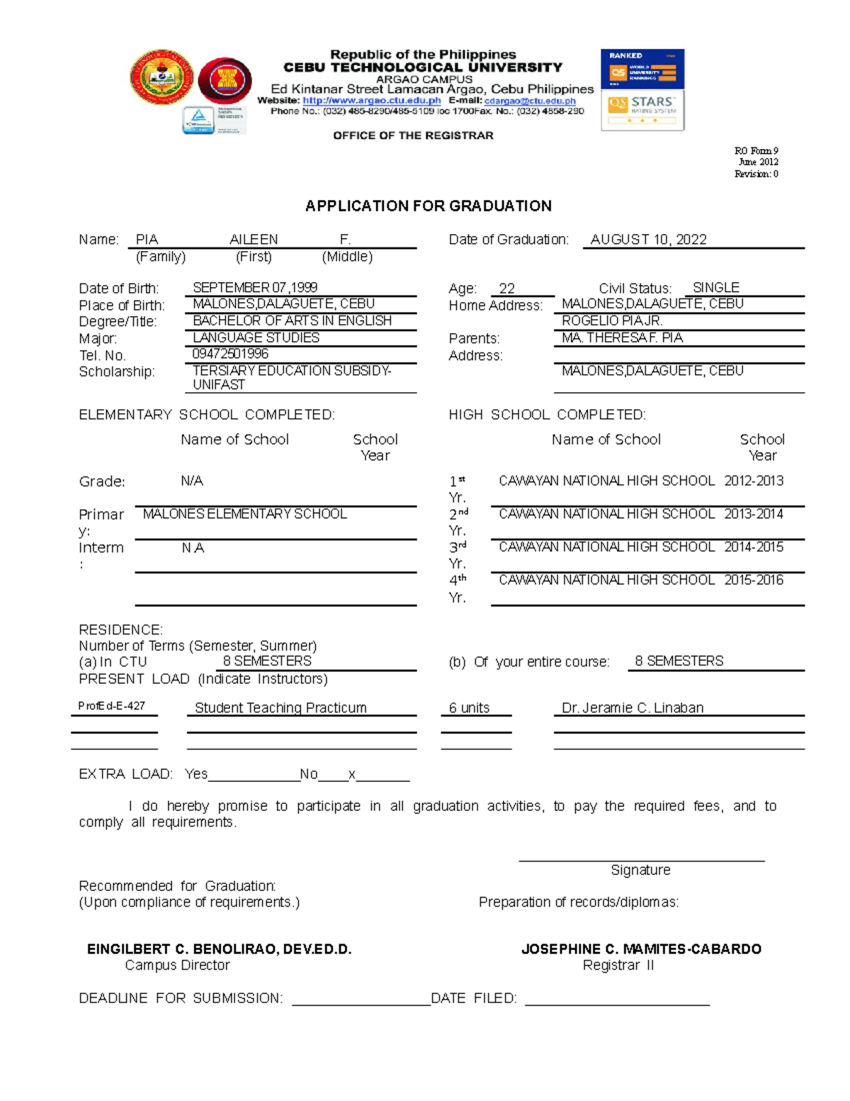 Application-FOR-GRAD (1) - RO Form 9 June 2012 Revision: 0 APPLICATION ...