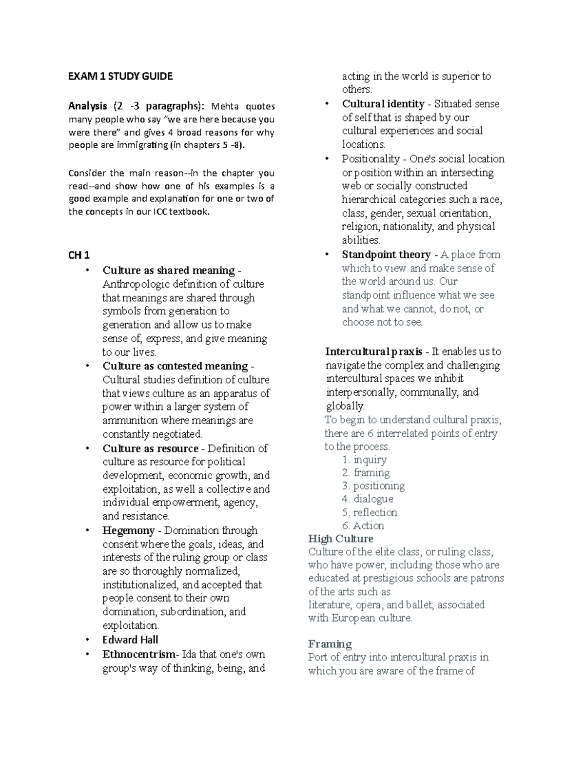 EXAM 1 Study Guide - Lecture notes 1-4 - EXAM 1 STUDY GUIDE Analysis (2 ...