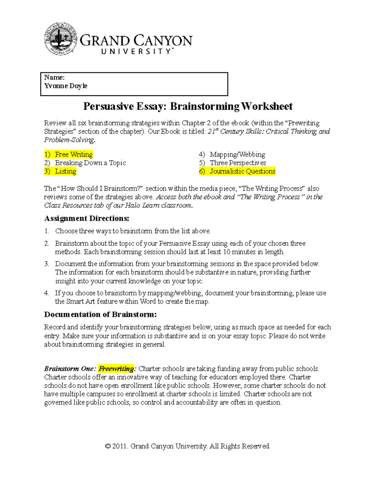 PHI105 T2 Brainstorming Worksheet - Name: Yvonne Doyle Persuasive Essay ...