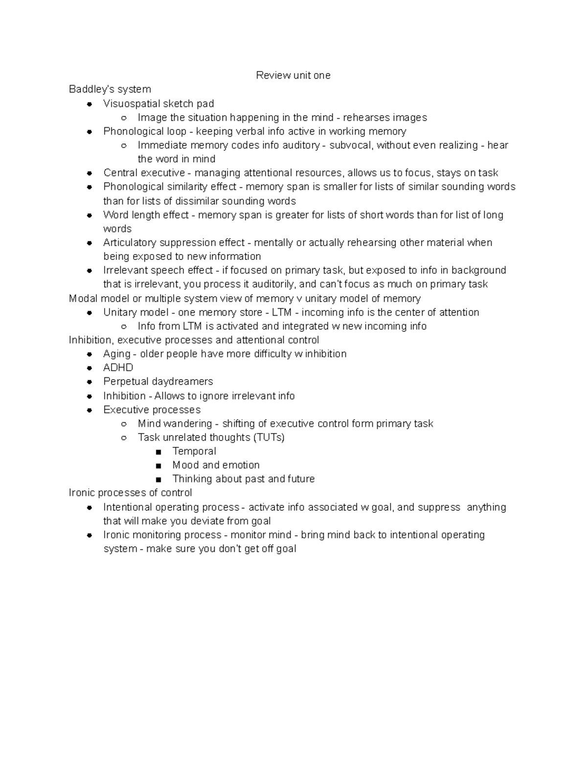 Cog psych 2 7 19 - Baddley's System - Review unit one Baddley’s system ...