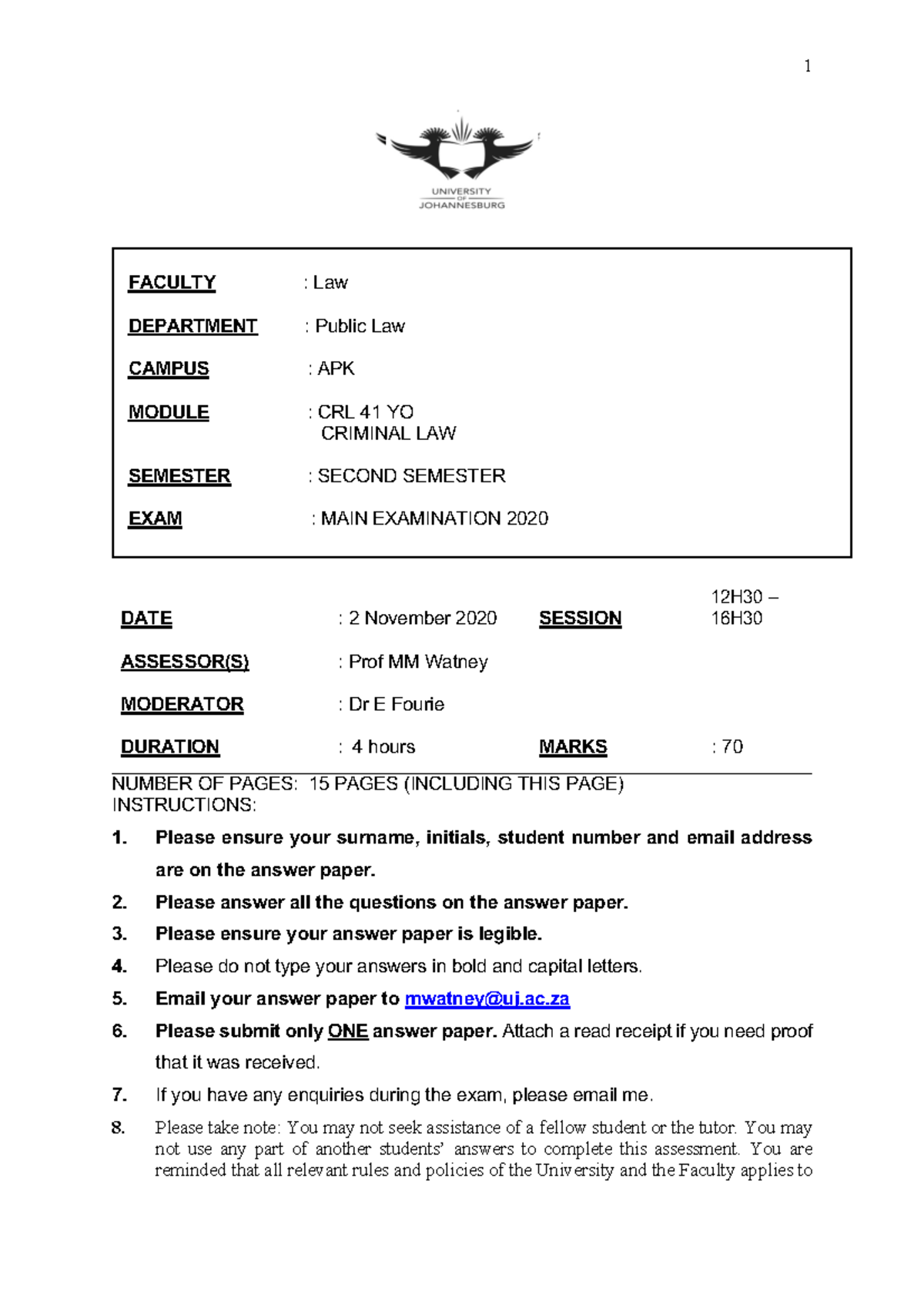 70 mark First exam paper Nov 2020 - CRL41Y0 - UJ - Studocu