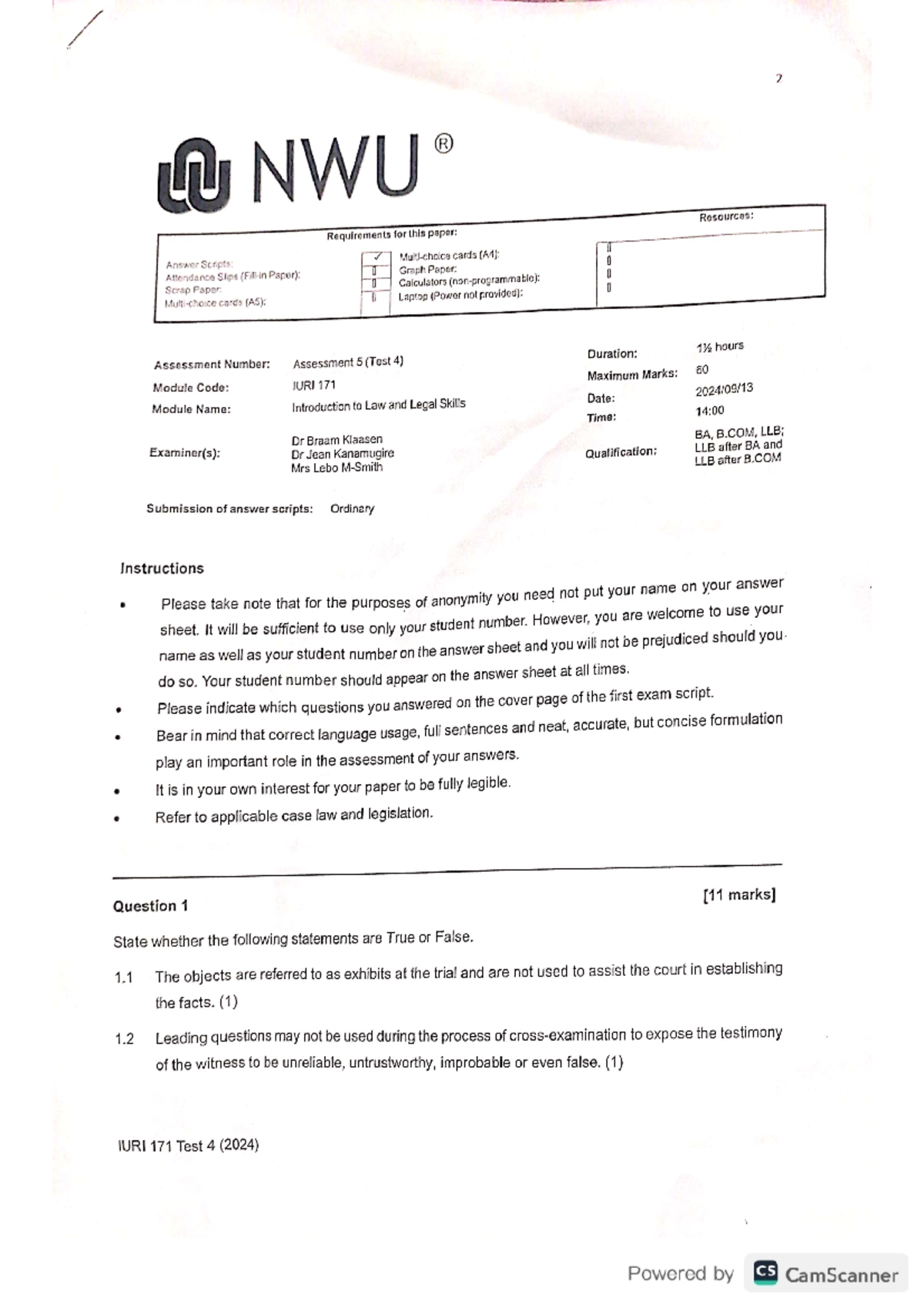 Iuri171 test 4 2024 - semester test 4 - 2 R NWU Resources: Requirements ...