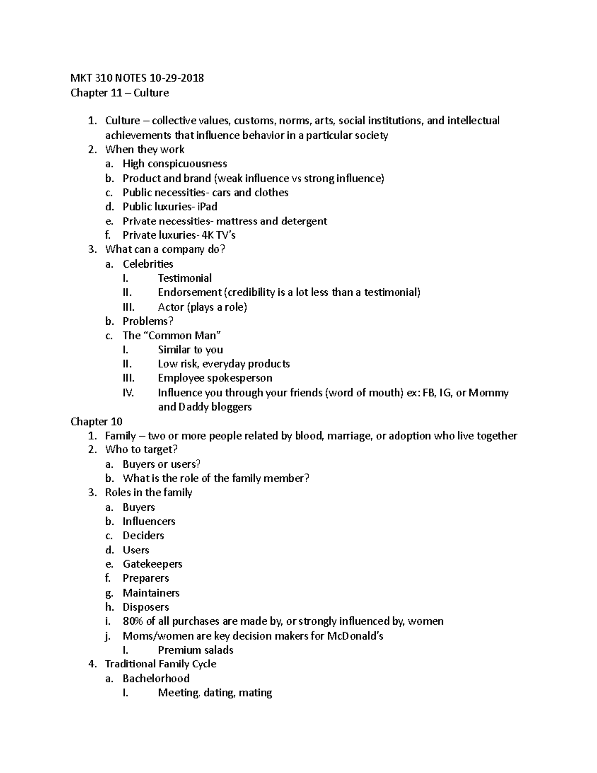 MKT 310 Notes 10:29:2018 - MKT 310 NOTES 10-29- Chapter 11 – Culture ...