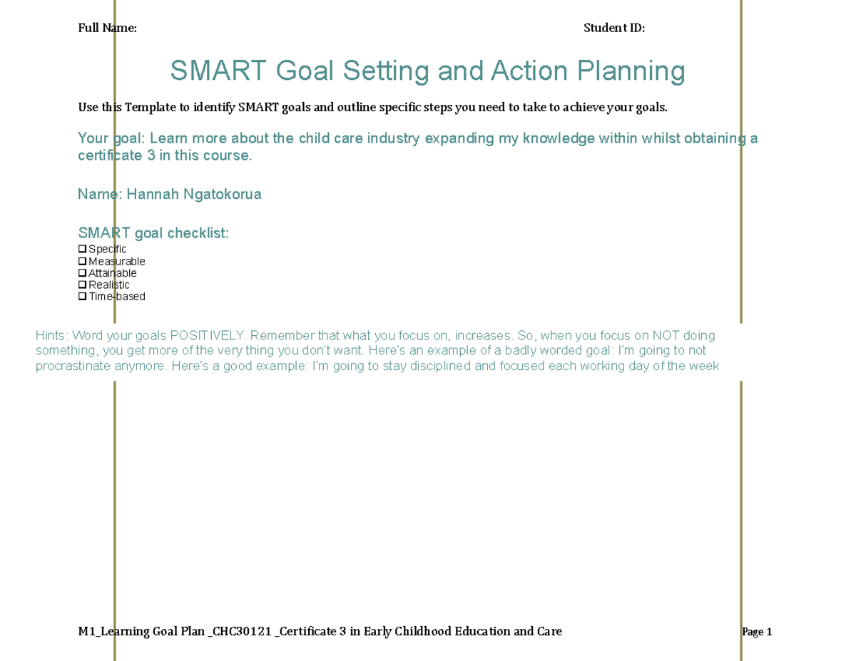 Week One Assignment One - SMART Goal Setting and Action Planning Use ...
