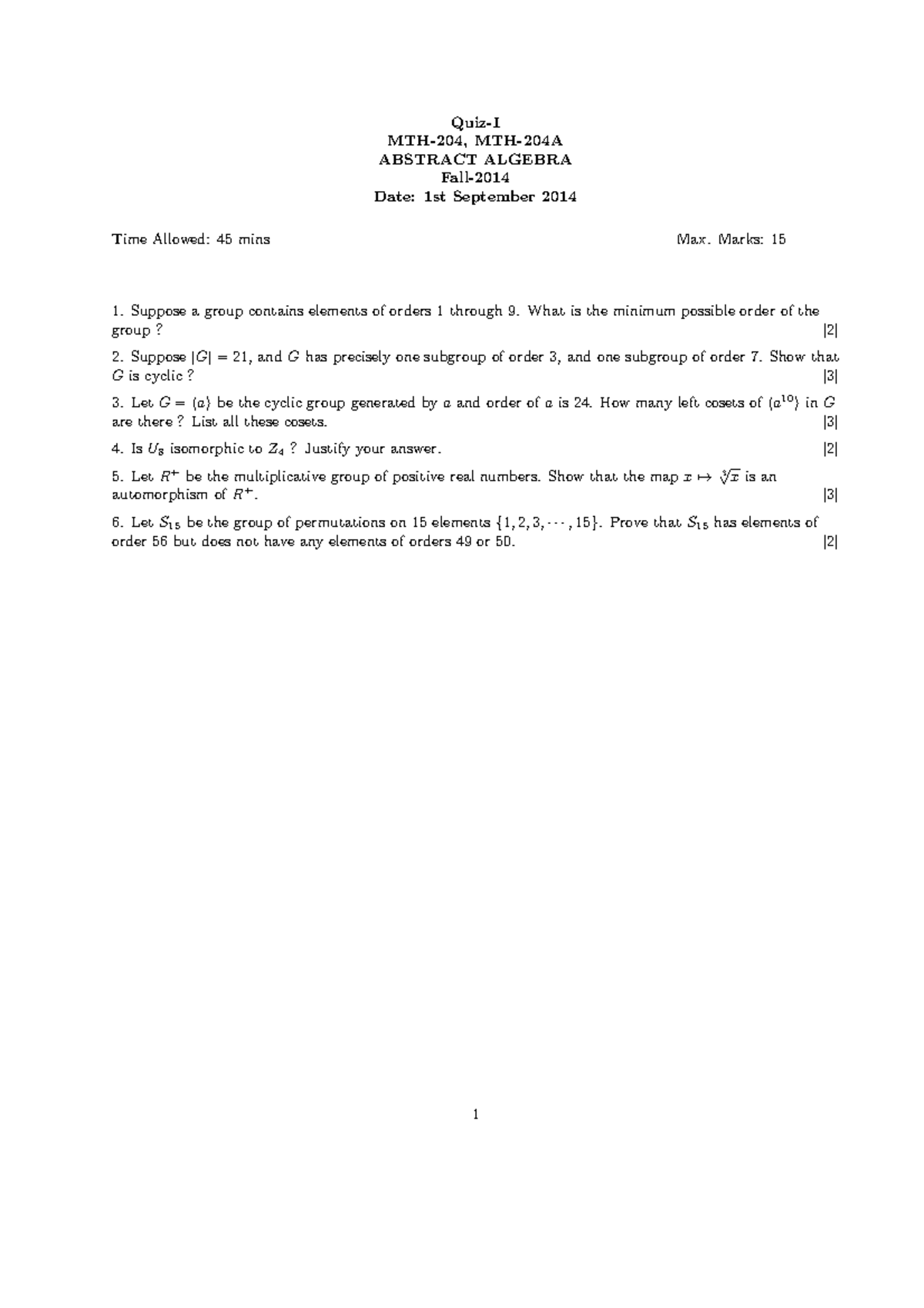 Midterm exam quiz 13 August 2014, questions - Quiz-I MTH-204, MTH-204A ...