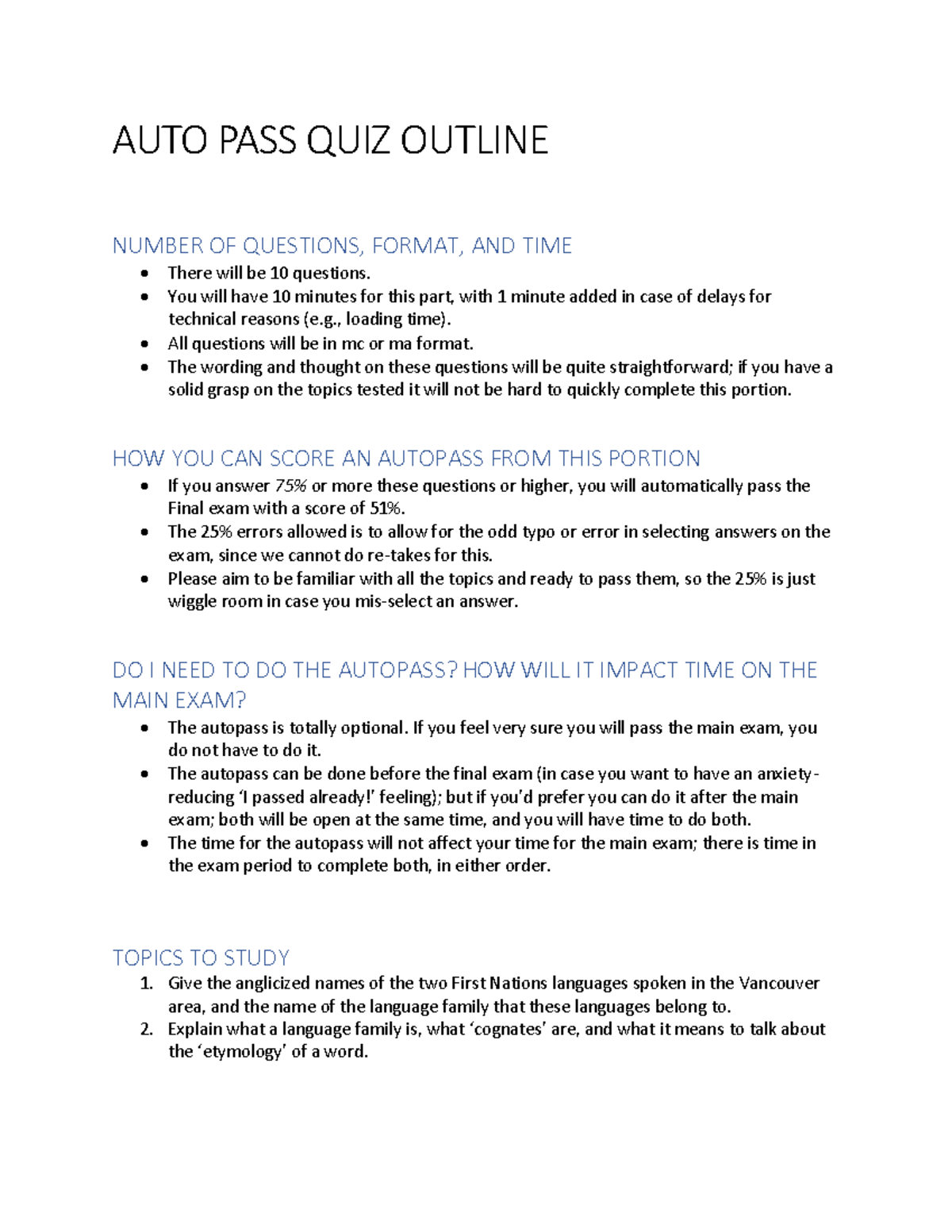 Final EXAM AUTO-PASS QUIZ Outline - AUTO PASS QUIZ OUTLINE NUMBER OF ...