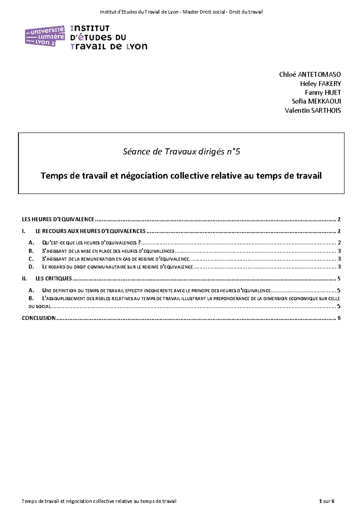 Droit du travail - TD5 - Les heures d'équivalence - Institut du Travail ...